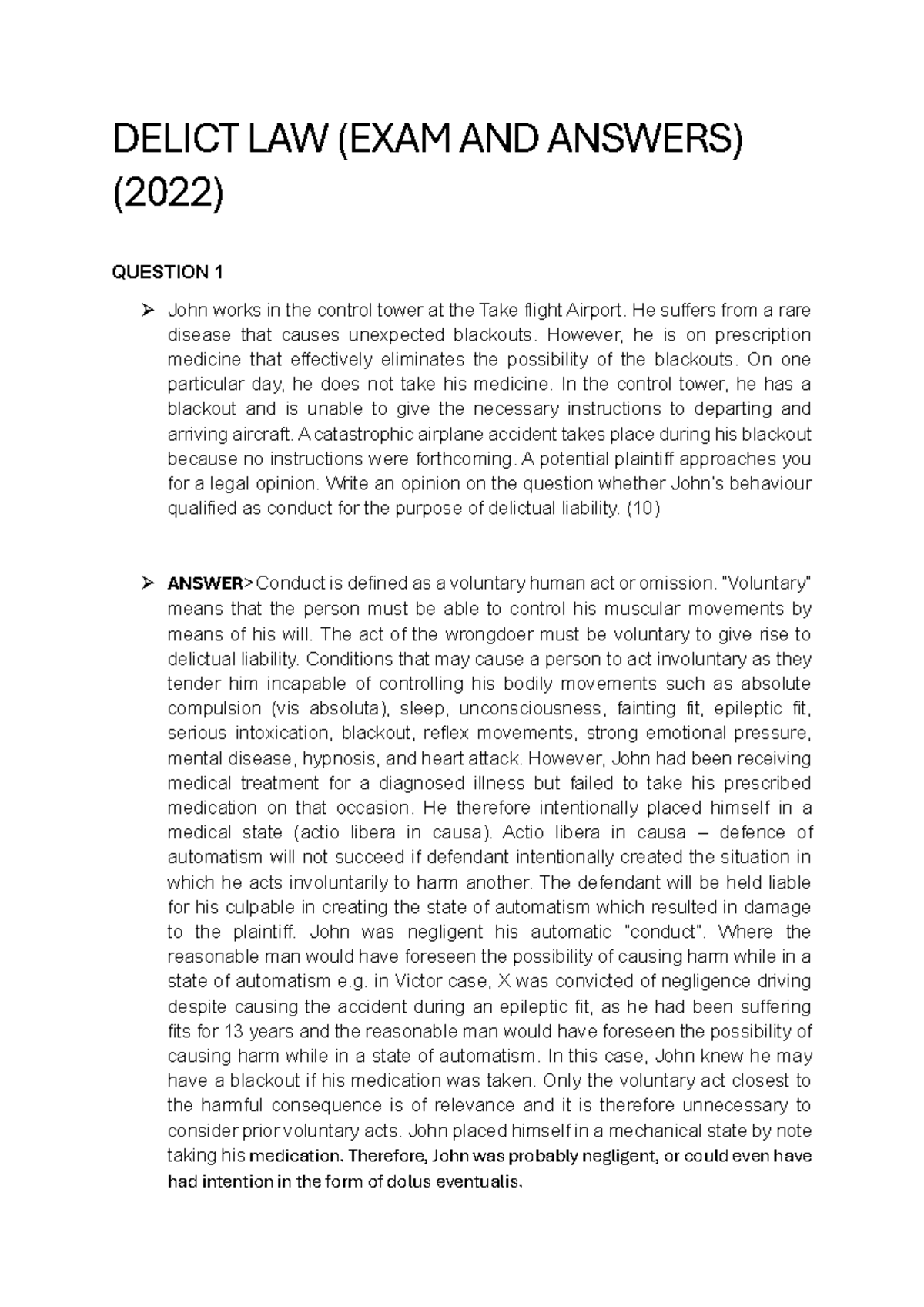 Delict LAW EXAM Questions AND Answers - DELICT LAW (EXAM AND ANSWERS ...