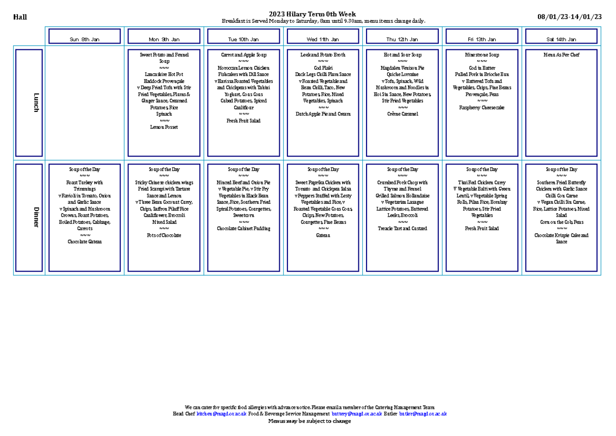 Buttery Menu Hilary Term Week 0 - 2023 Hilary Term 0th Week Hall ...