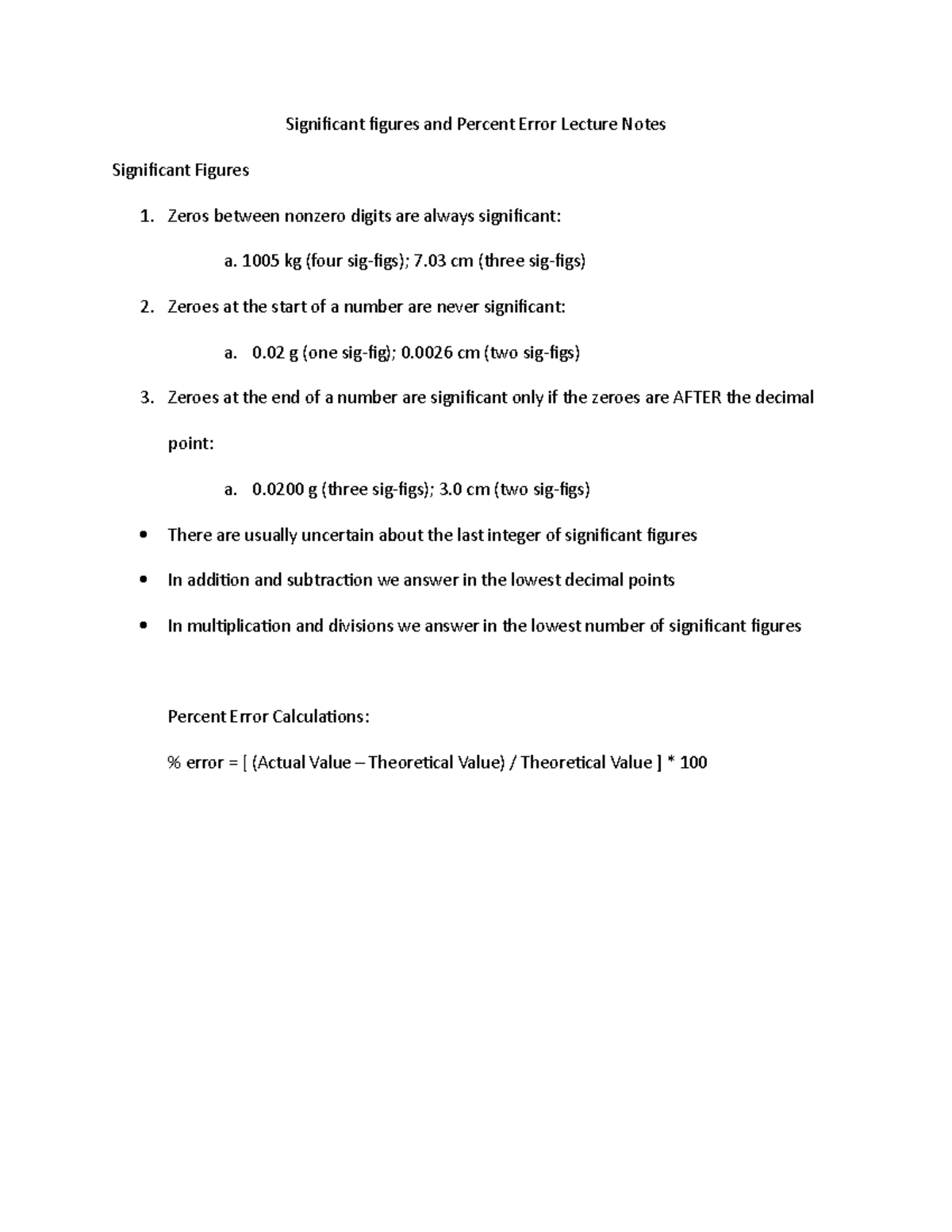 Significant figures and Percent Error Lecture Notes - Significant ...