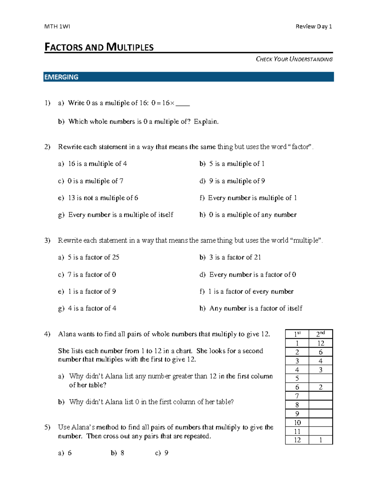 R-1 Factors and Multiples CYU - FACTORS AND MULTIPLES CHECK YOUR ...