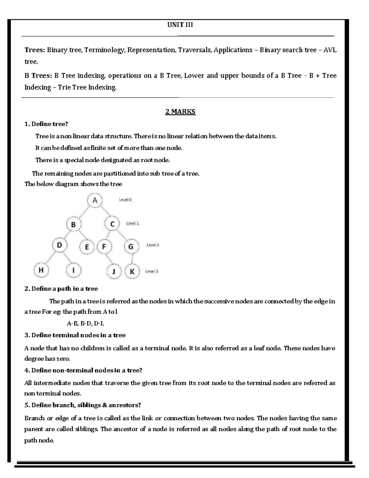 Ds U3 Data Structures Lecture Notes Unit Iii Trees Binary Tree Terminology