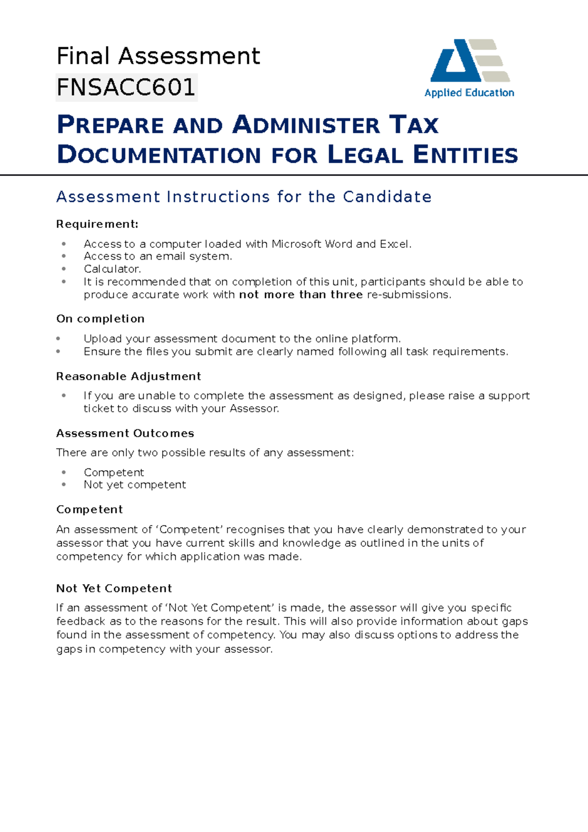 Fnsacc 601 Final Assessment V3 - Final Assessment FNSACC PREPARE AND ...