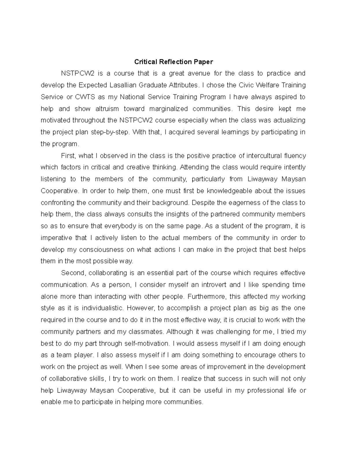 Nstp reflectiom - YEAH - Critical Reflection Paper NSTPCW2 is a course ...