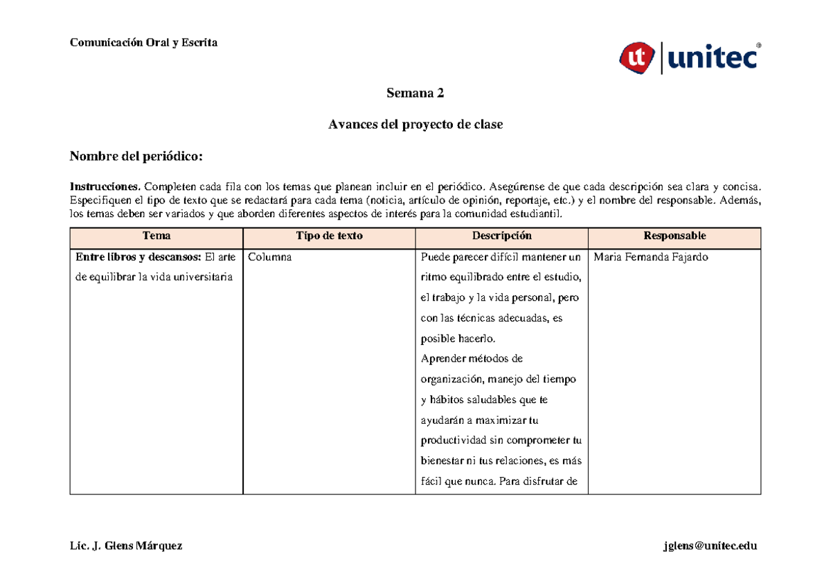 Avance del proyecto - Tarea - Semana 2 Avances del proyecto de clase ...