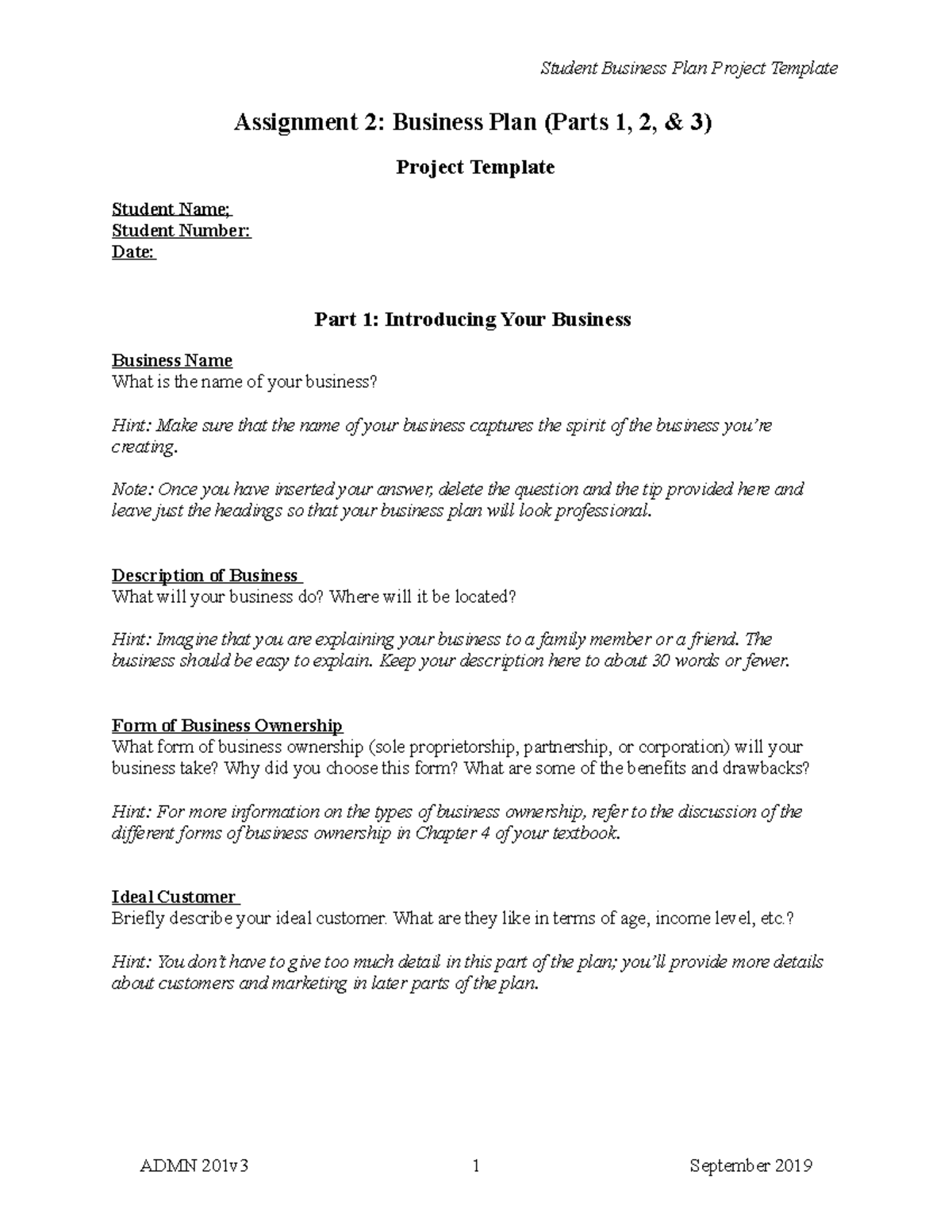 ADMN201v3 Assignment 2 Template - Assignment 2: Business Plan (Parts 1 ...