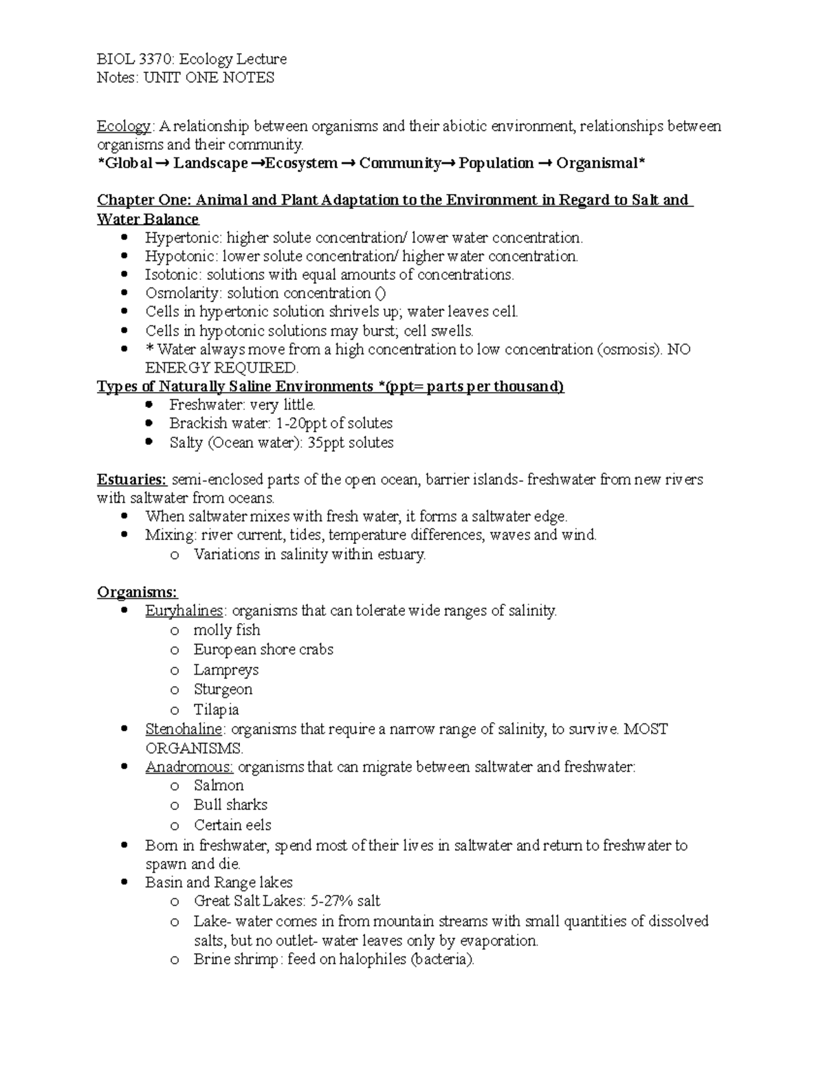 Unit One Notes - Heather Hutton - Notes: UNIT ONE NOTES Ecology: A ...