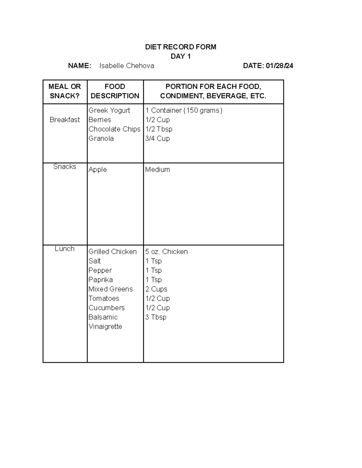 Chehova-NFS 141-Diet Proj Part 1 - DIET RECORD FORM DAY 1 NAME ...