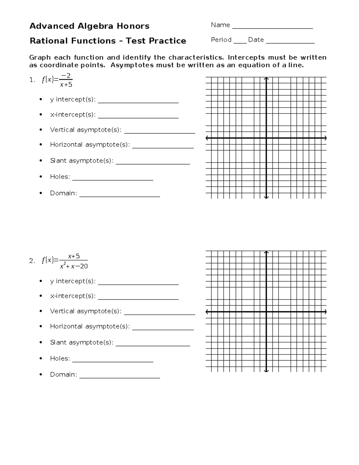 Day 16 - 1 - rational functions test practice - Advanced Algebra Honors ...