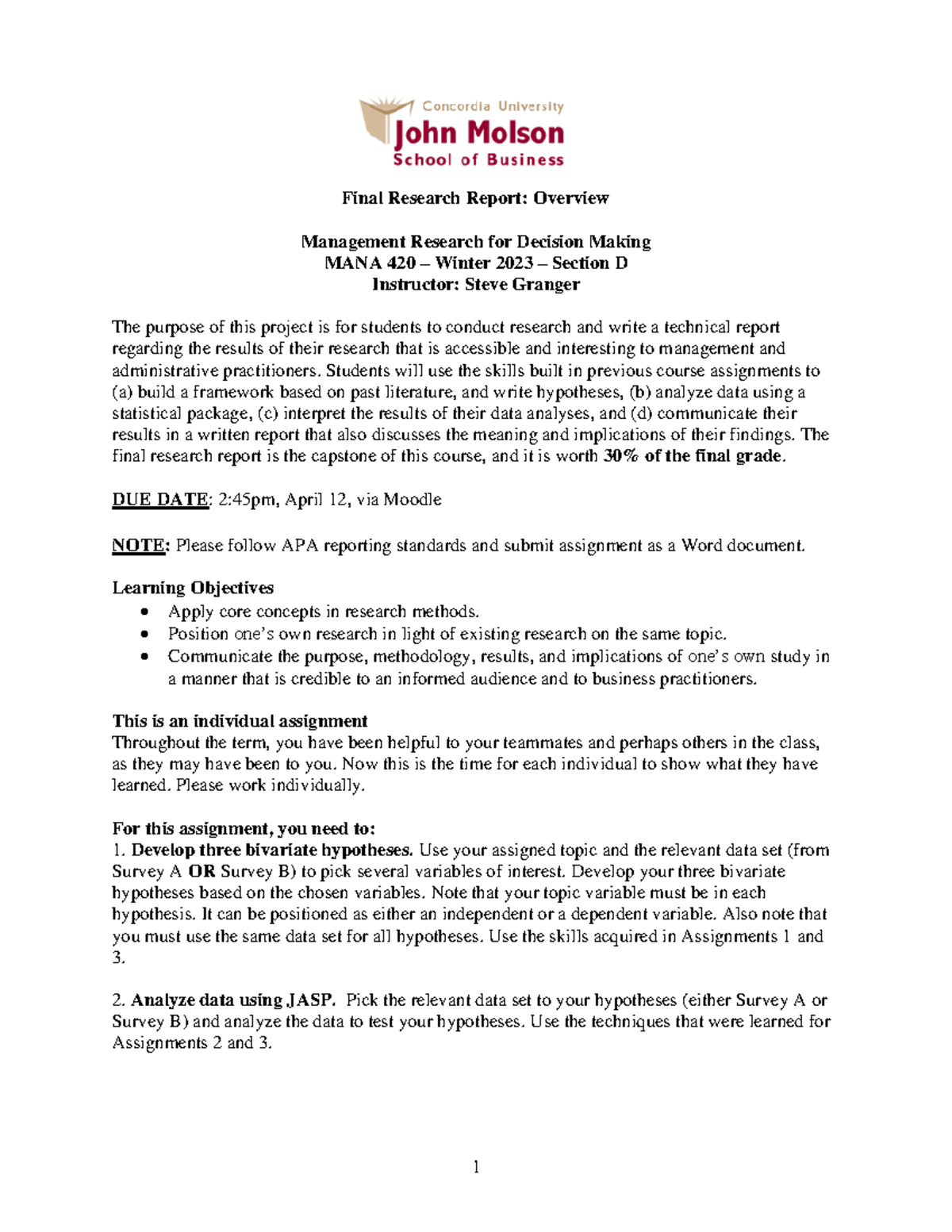 MANA 420 Final Project Overview W2023-D - Final Research Report ...