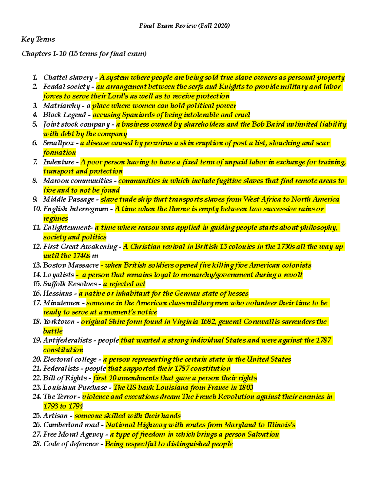 Final Exam Review Fall 2020 Main - Final Exam Review (Fall 2020) Key ...