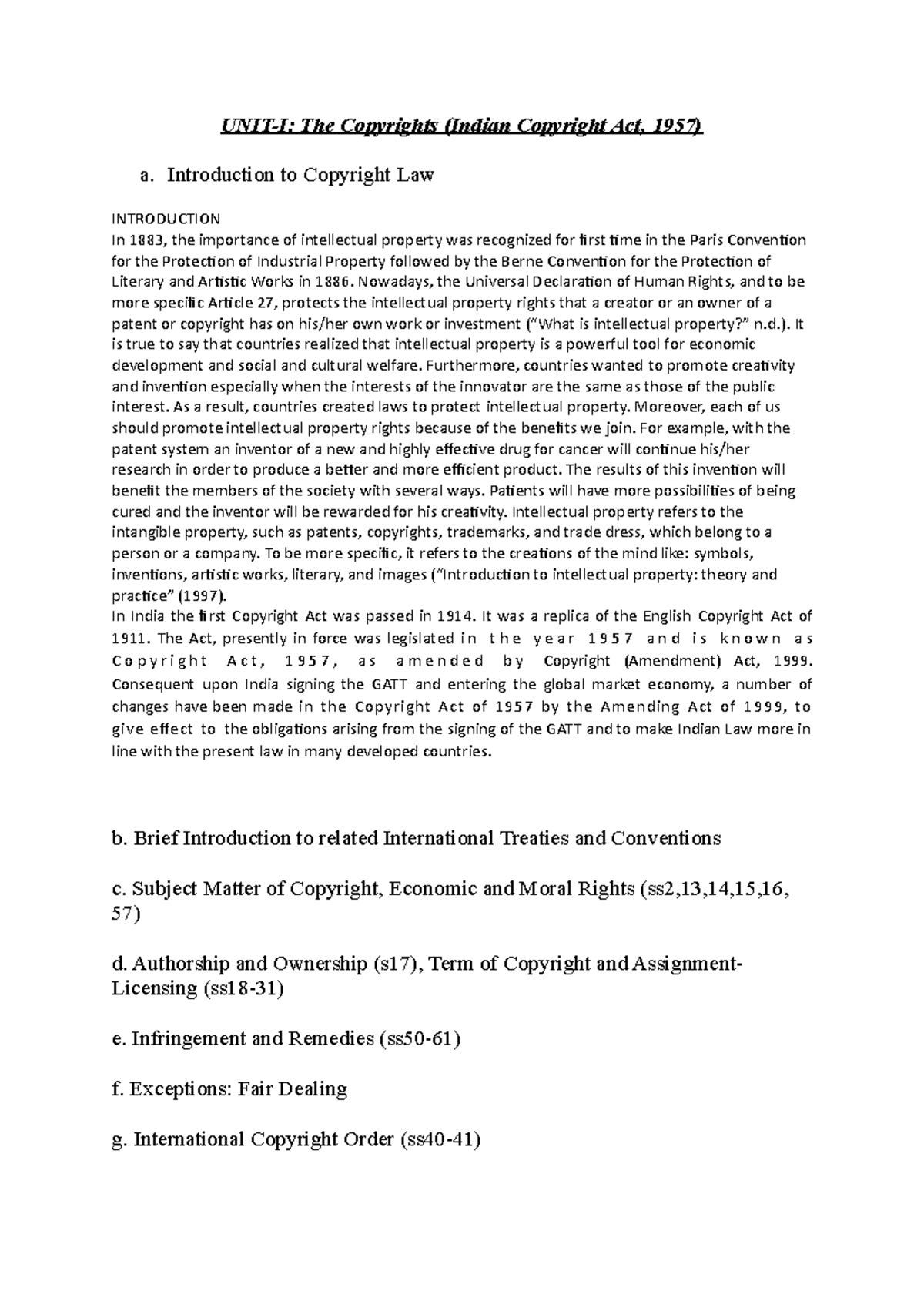 IPR - Copyright Act notes - UNIT-I: The Copyrights (Indian Copyright ...