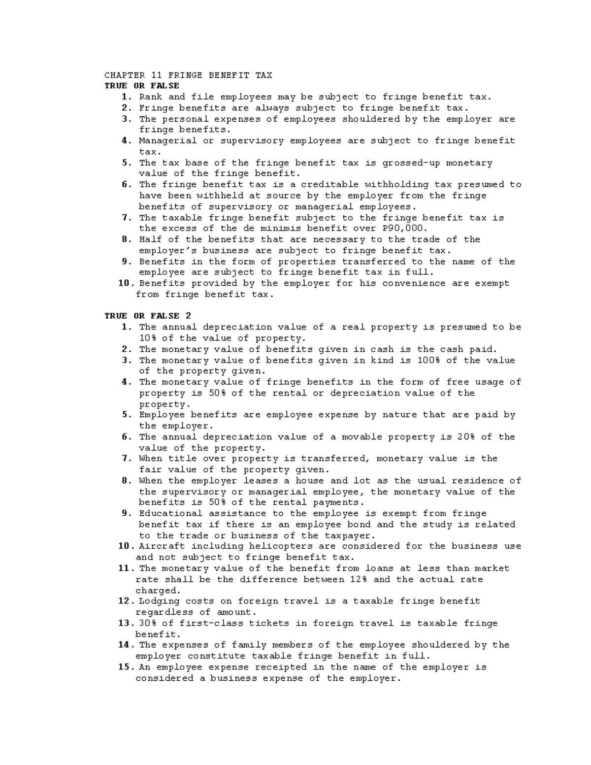 Income Tax-Banggawan-Ch11 questions - CHAPTER 11 FRINGE BENEFIT TAX ...