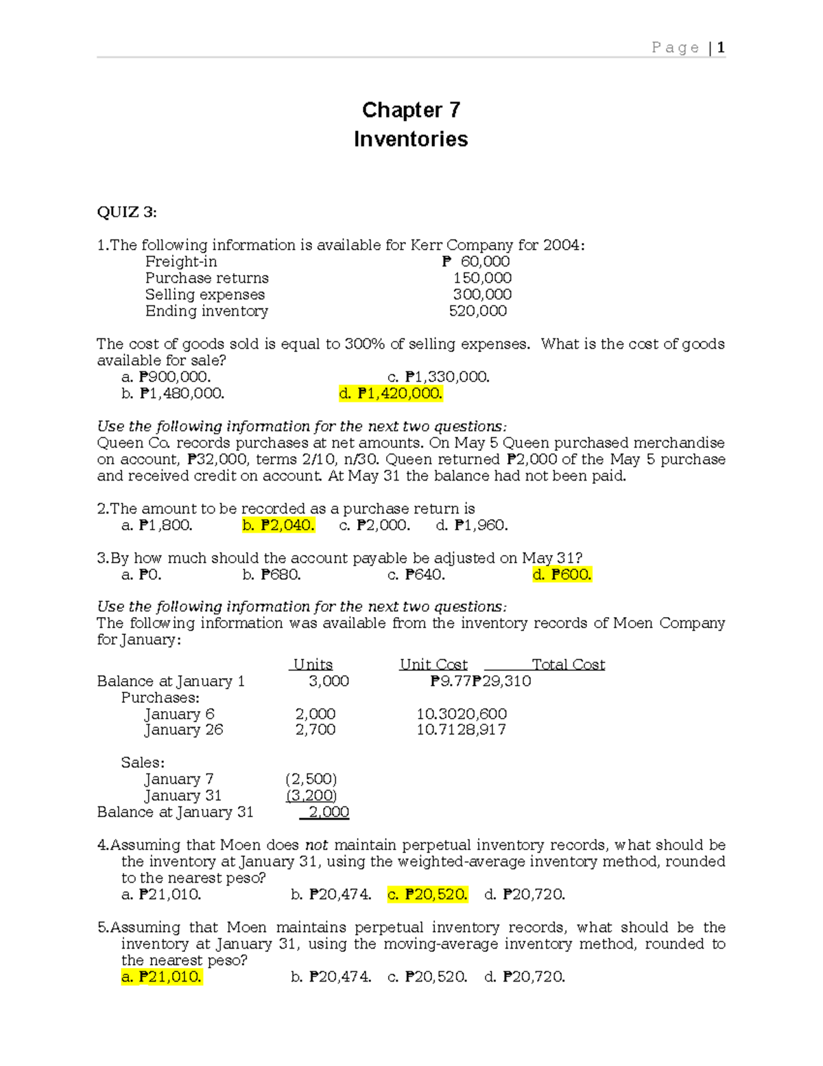 Intermediate Accounting 6 - P a g e | 1 Chapter 7 Inventories QUIZ 3: 1 ...