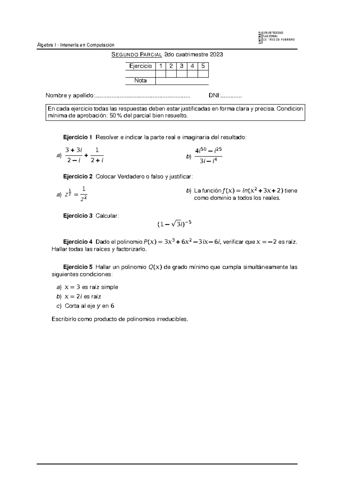 Segundo Parcial Algebra I Ing 2023 1 2 - Álgebra I - Intenería en Computación SEGUNDO PARCIAL ...