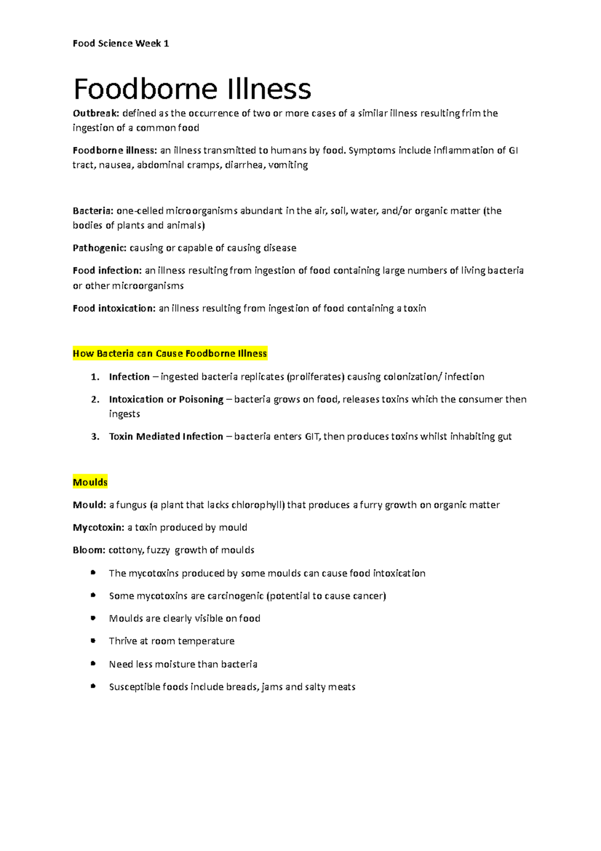 Foodborne Illness - week 1 - Food Science Week 1 Foodborne Illness ...
