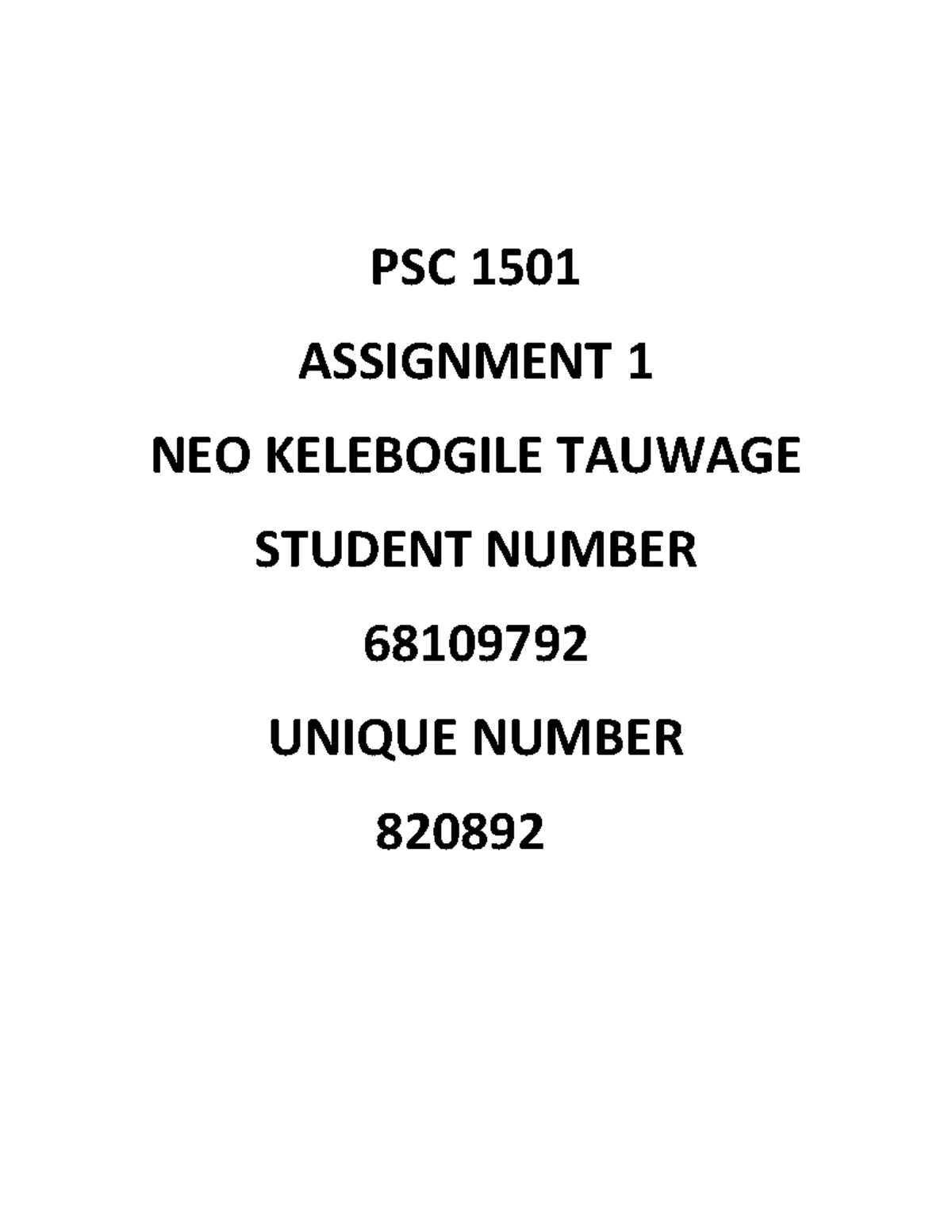 PSC 1501 first assignment - PSC 1501 ASSIGNMENT 1 NEO KELEBOGILE ...