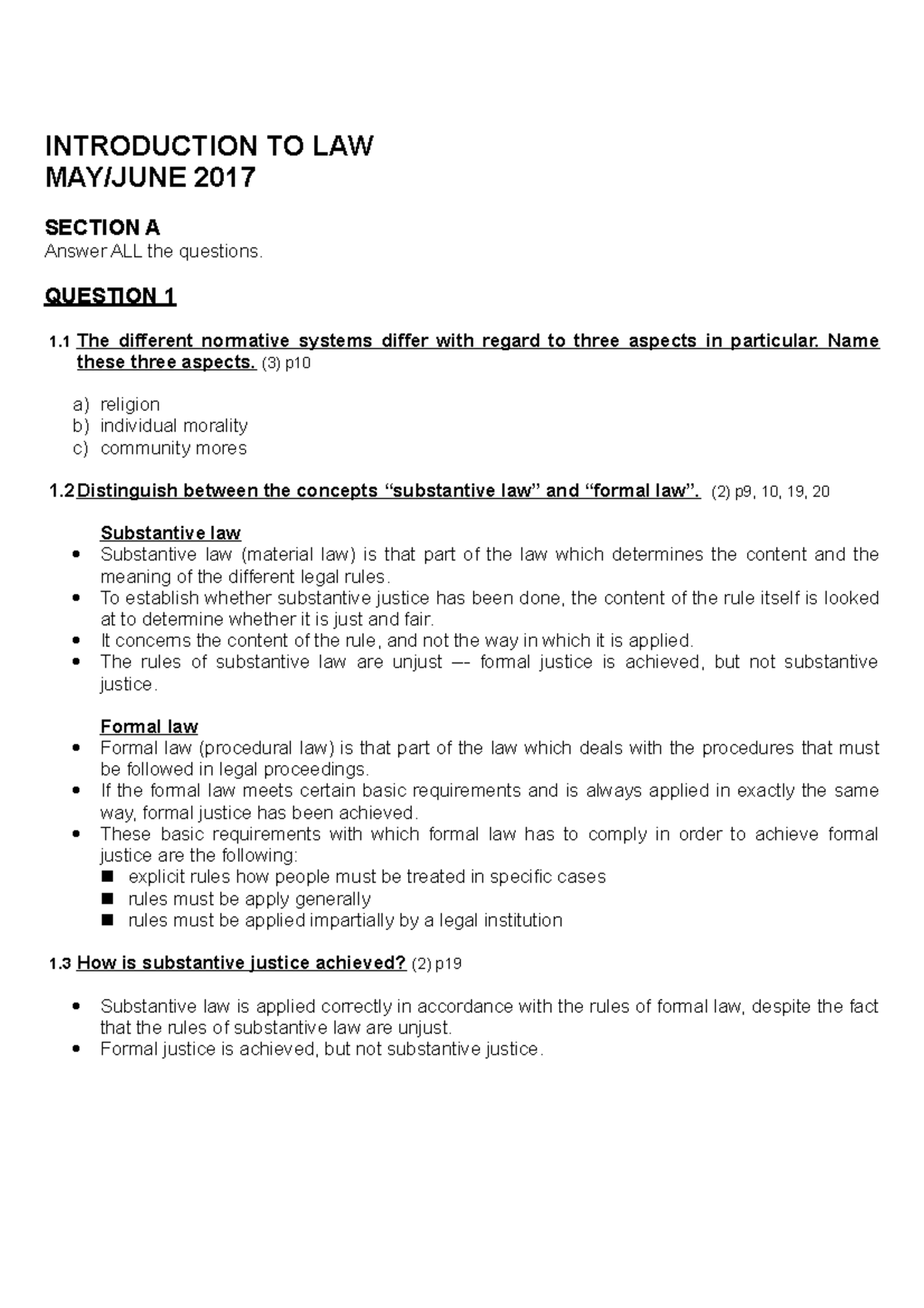 ILW1501 Notes 1 - INTRODUCTION TO LAW MAY/JUNE 2017 SECTION A Answer ...