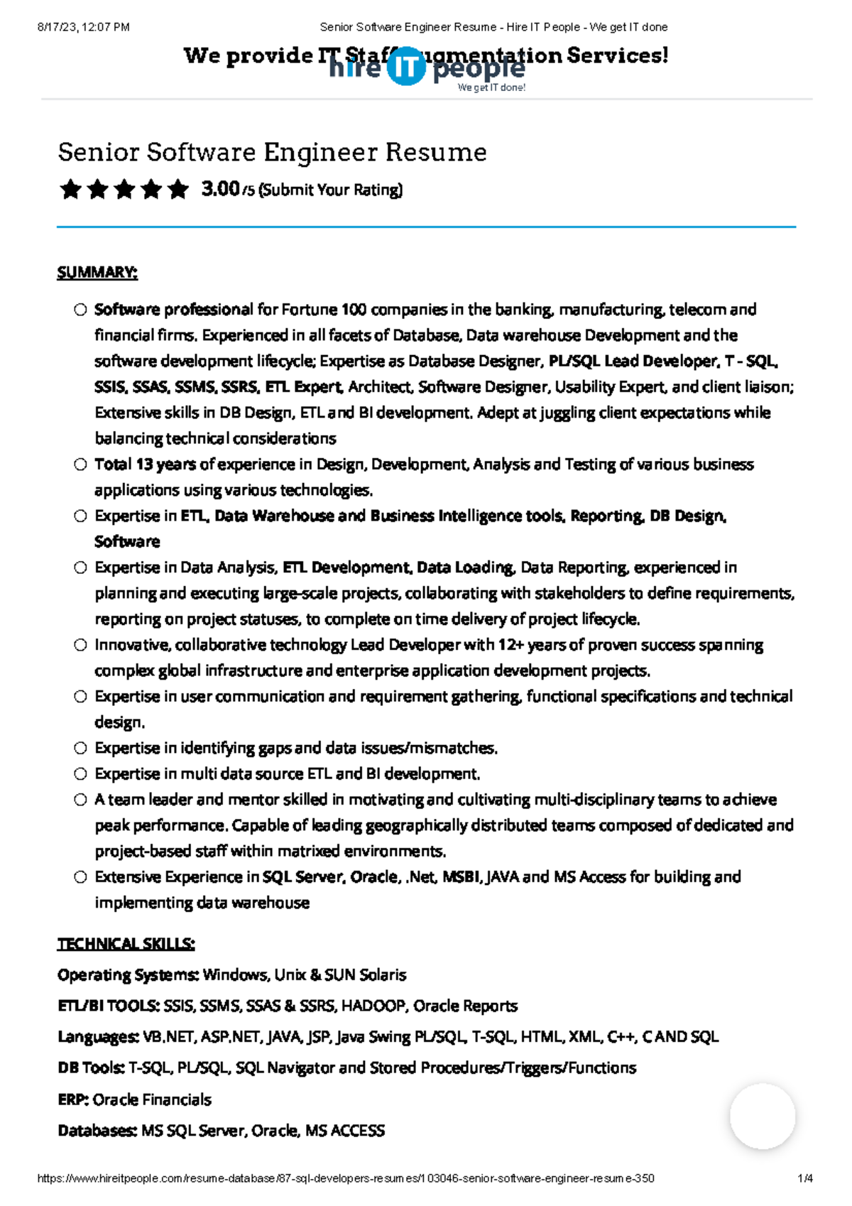 Senior Software Engineer Resume - Hire IT People - We get IT done ...