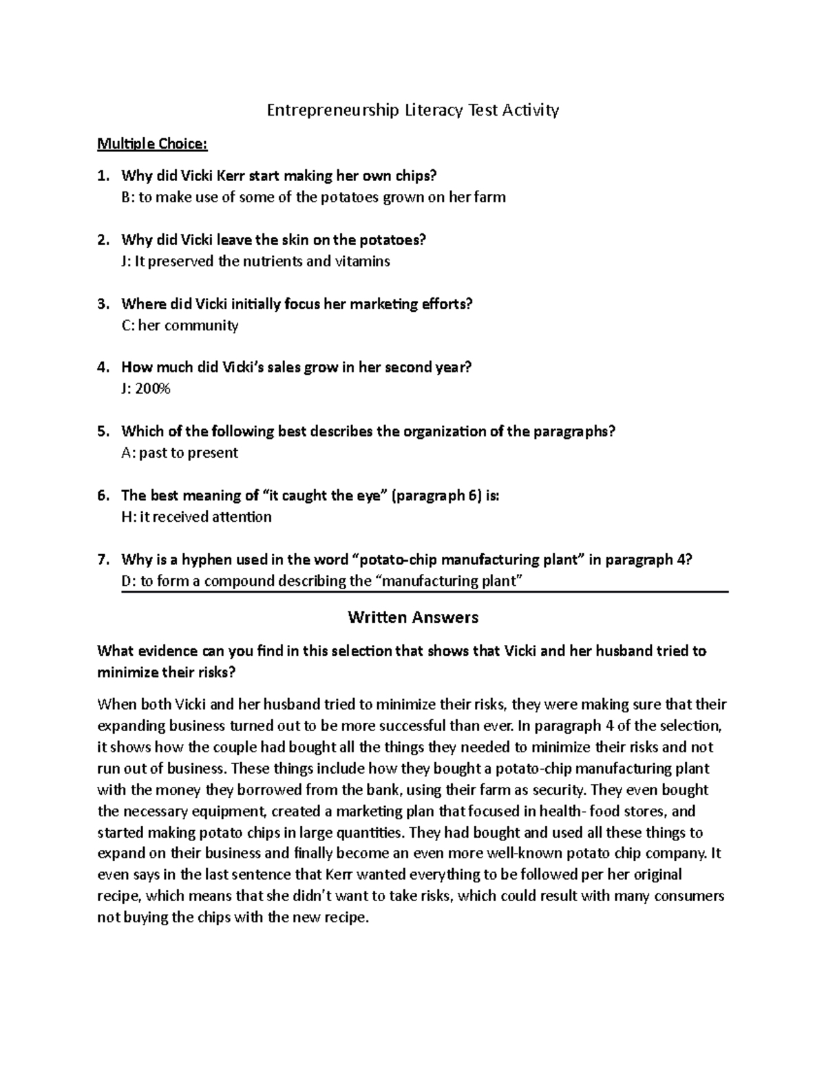 Entrepreneurship Literacy Test Activity - Entrepreneurship Literacy ...