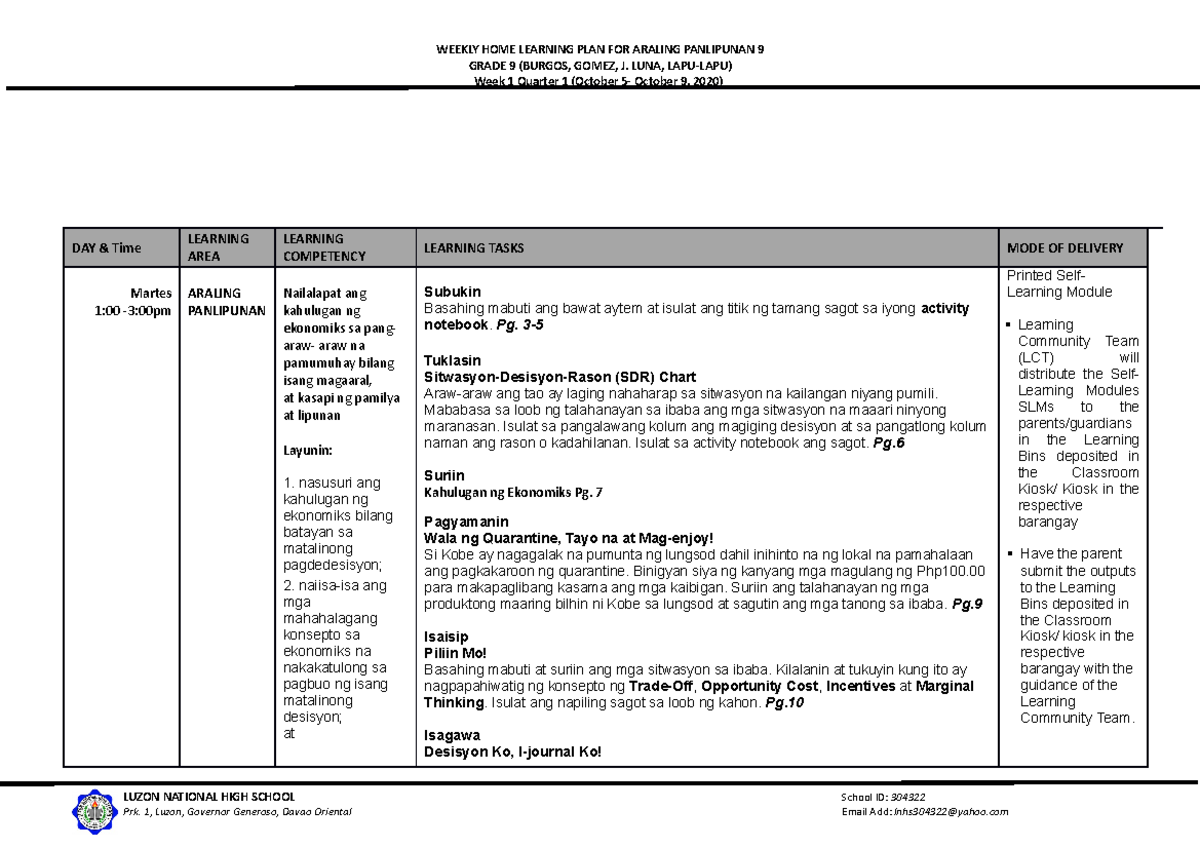 Aral pan wk1 - WEEKLY HOME LEARNING PLAN FOR ARALING PANLIPUNAN 9 GRADE ...