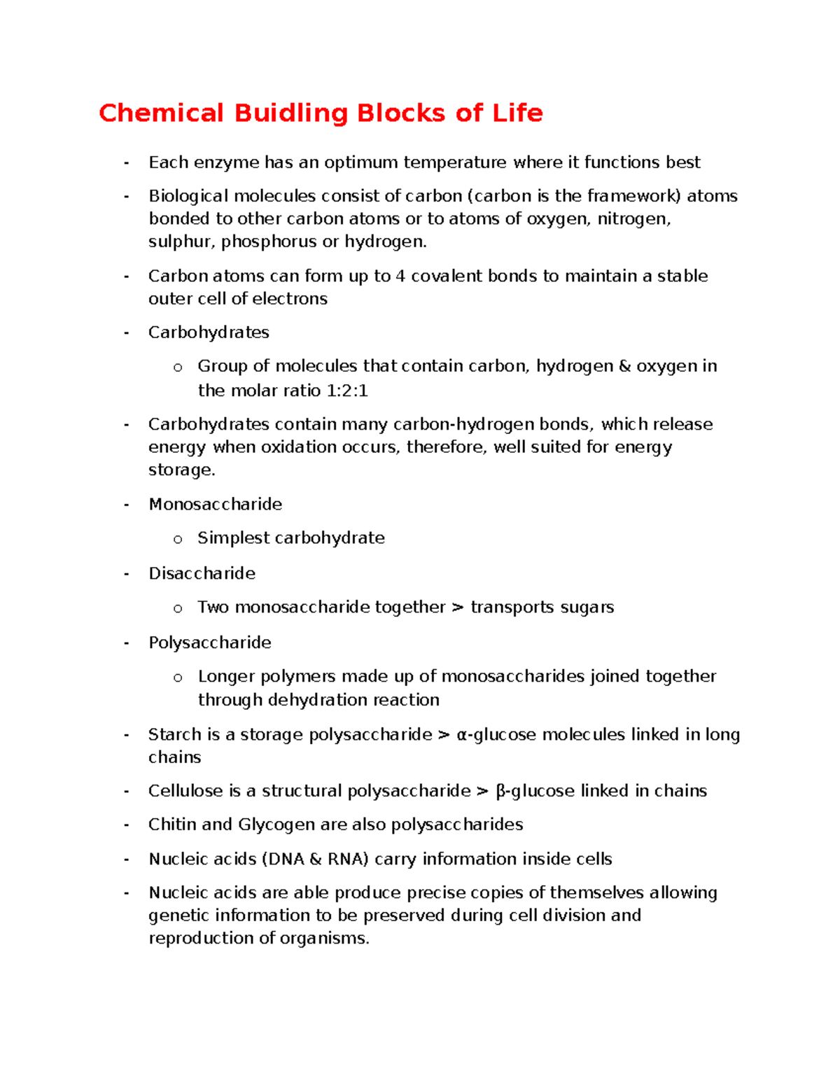 Cell Bio Notes - Chemical Buidling Blocks of Life Each enzyme has an ...