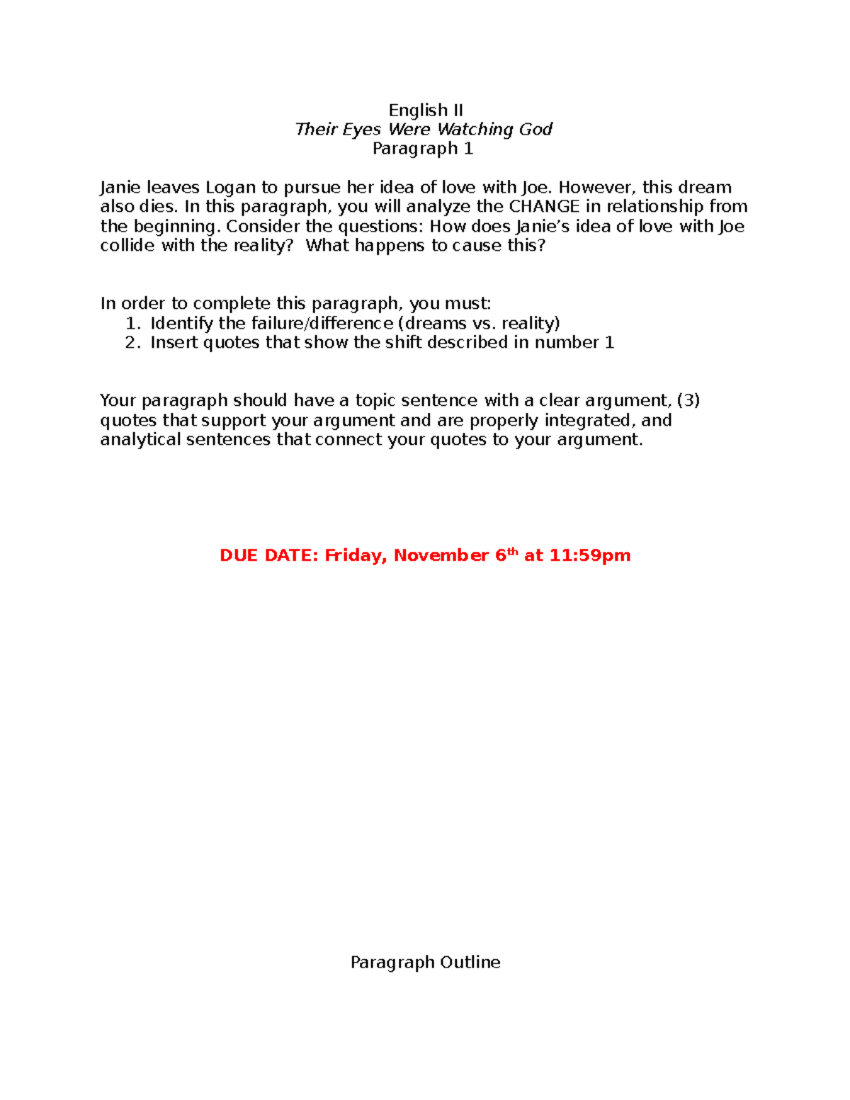 Eyes Paragraph 1 Shift - English II Their Eyes Were Watching God ...