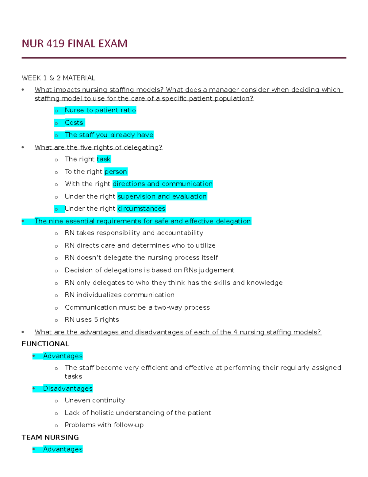 NUR 419 Final EXAM!!! - NUR 419 FINAL EXAM WEEK 1 & 2 MATERIAL What impacts nursing staffing ...