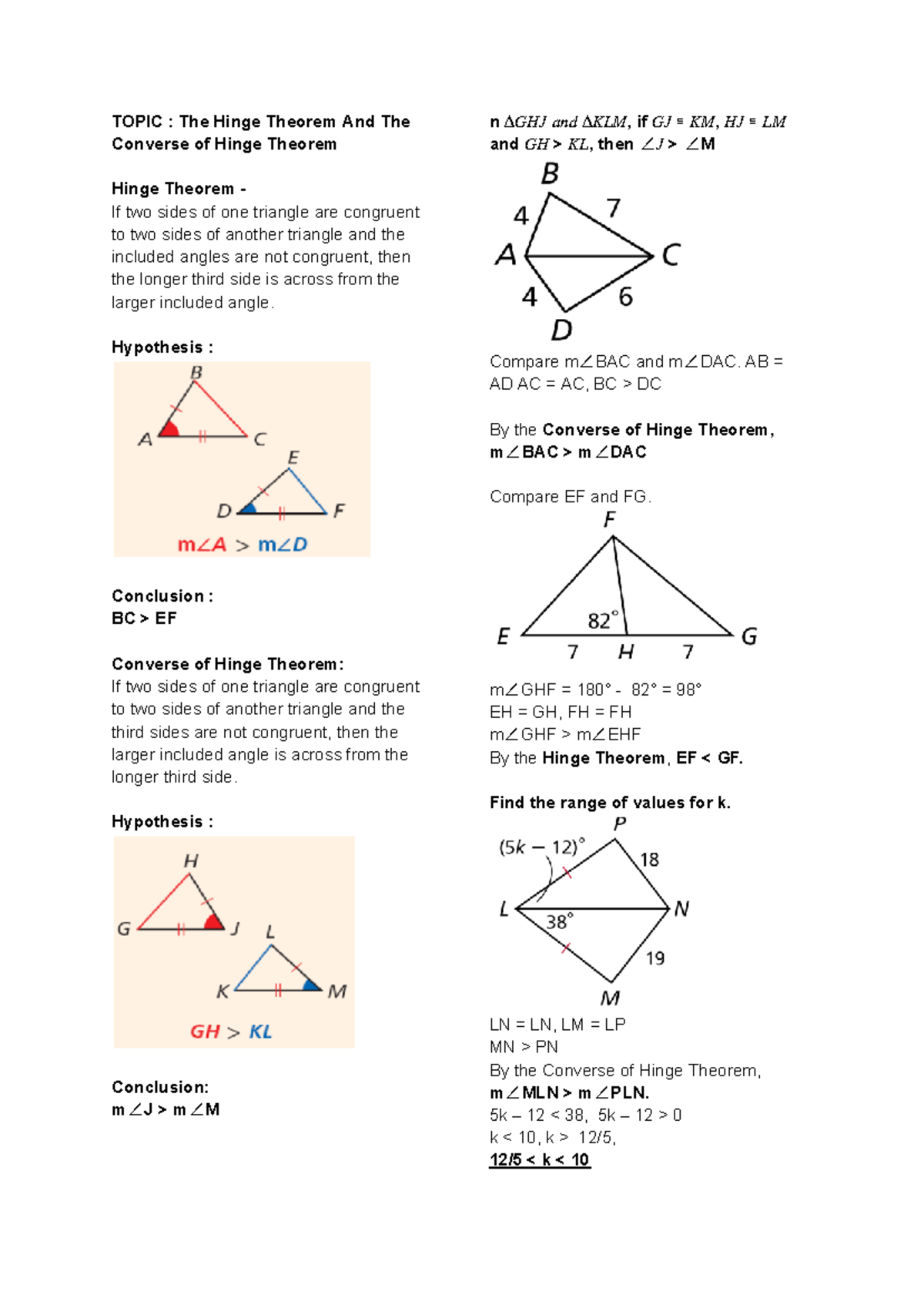 GEOM Notes - TOPIC : The Hinge Theorem And The Converse of Hinge ...