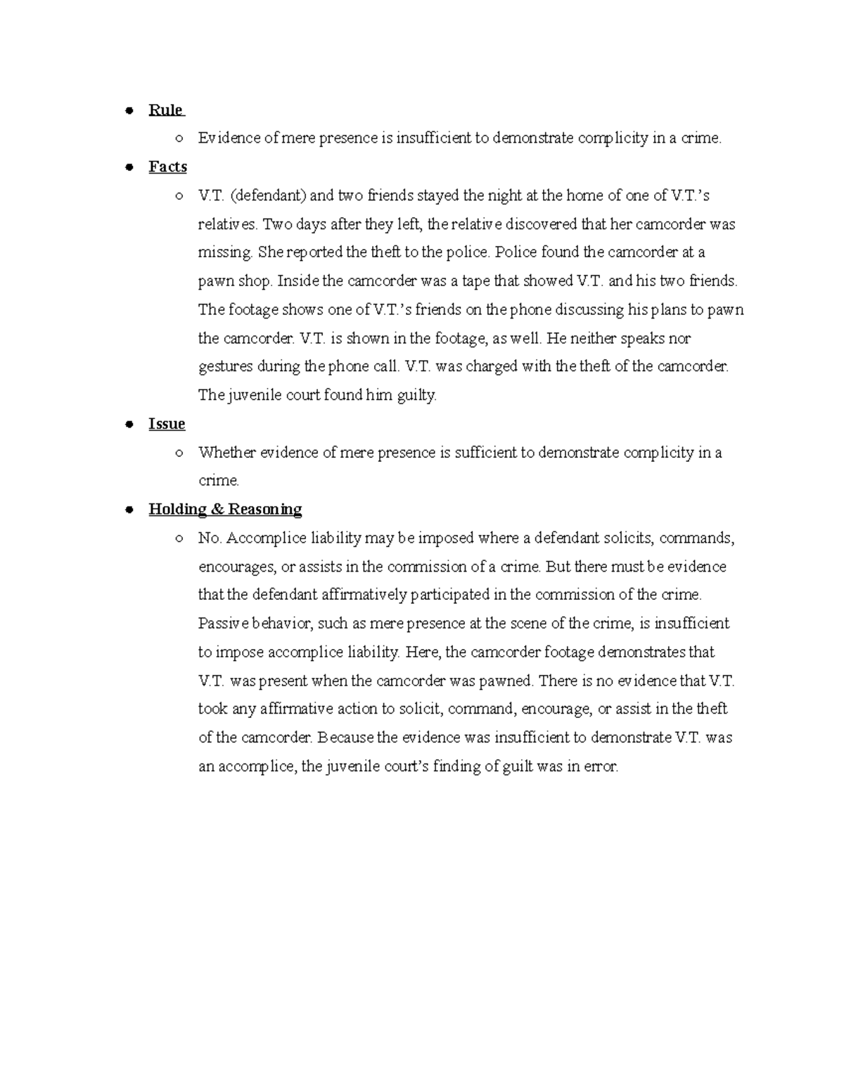 Criminal Law 2022- State v. V.T - Rule Evidence of mere presence is ...