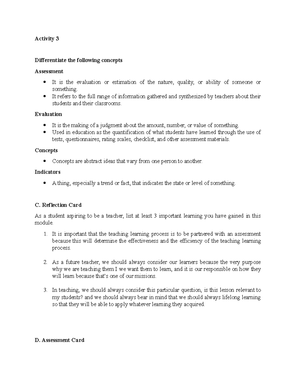 ACT#3 Asssessment - Activity 3 Differentiate the following concepts ...
