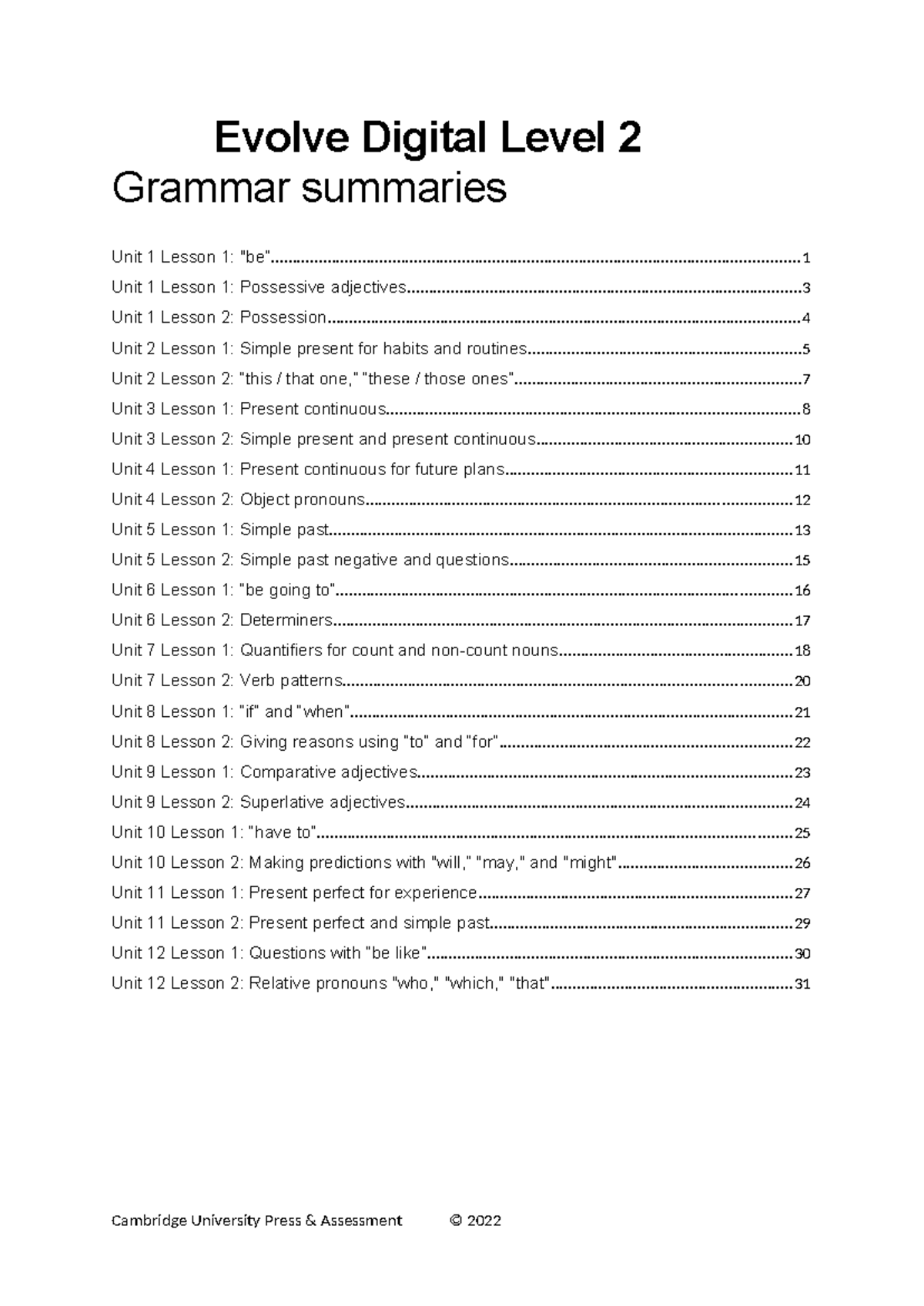 Evolve Digital Level 2 Grammar summaries - Grammar summaries Evolve Digital Level Unit 1 Lesson ...