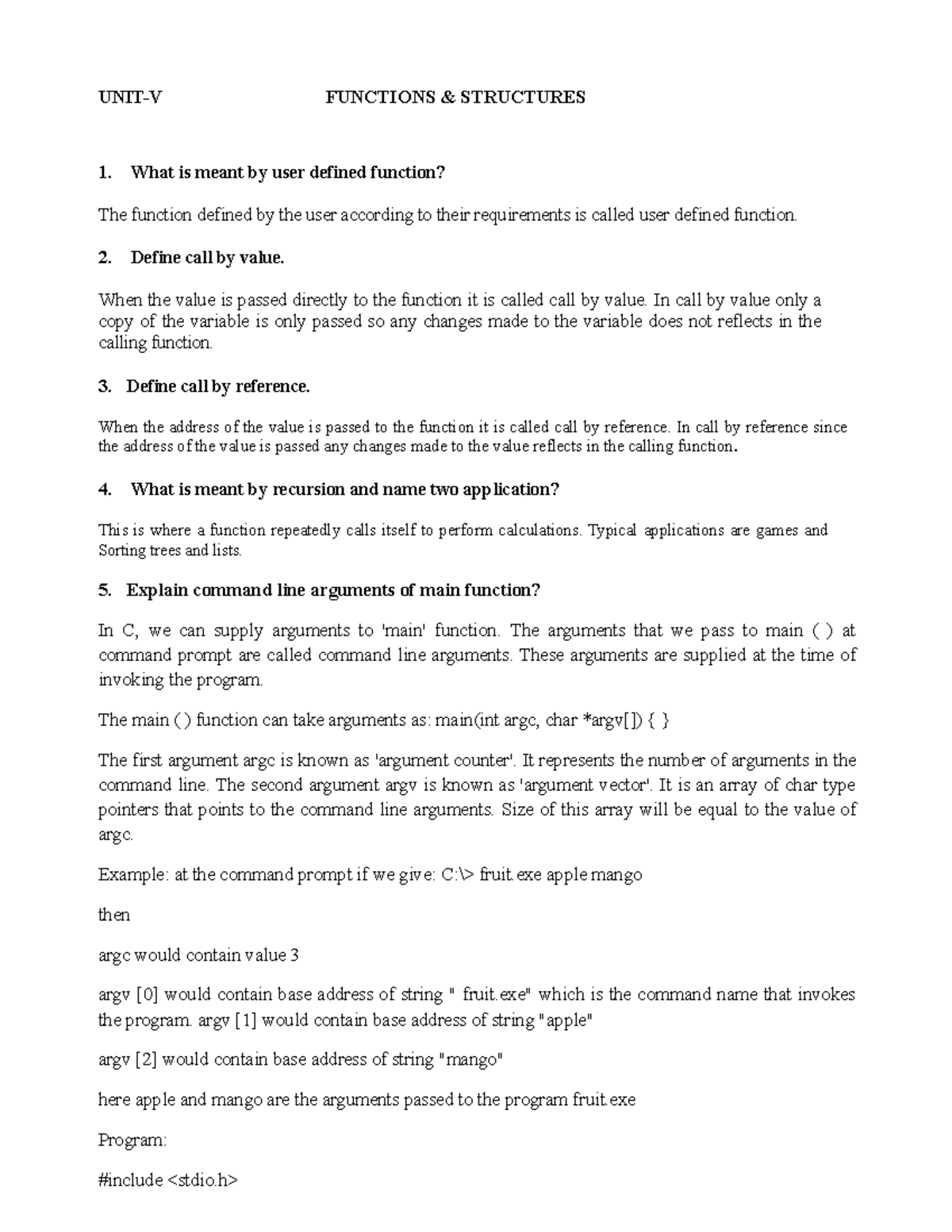 UNIT V QB - NIL - UNIT-V FUNCTIONS & STRUCTURES 1. What is meant by ...