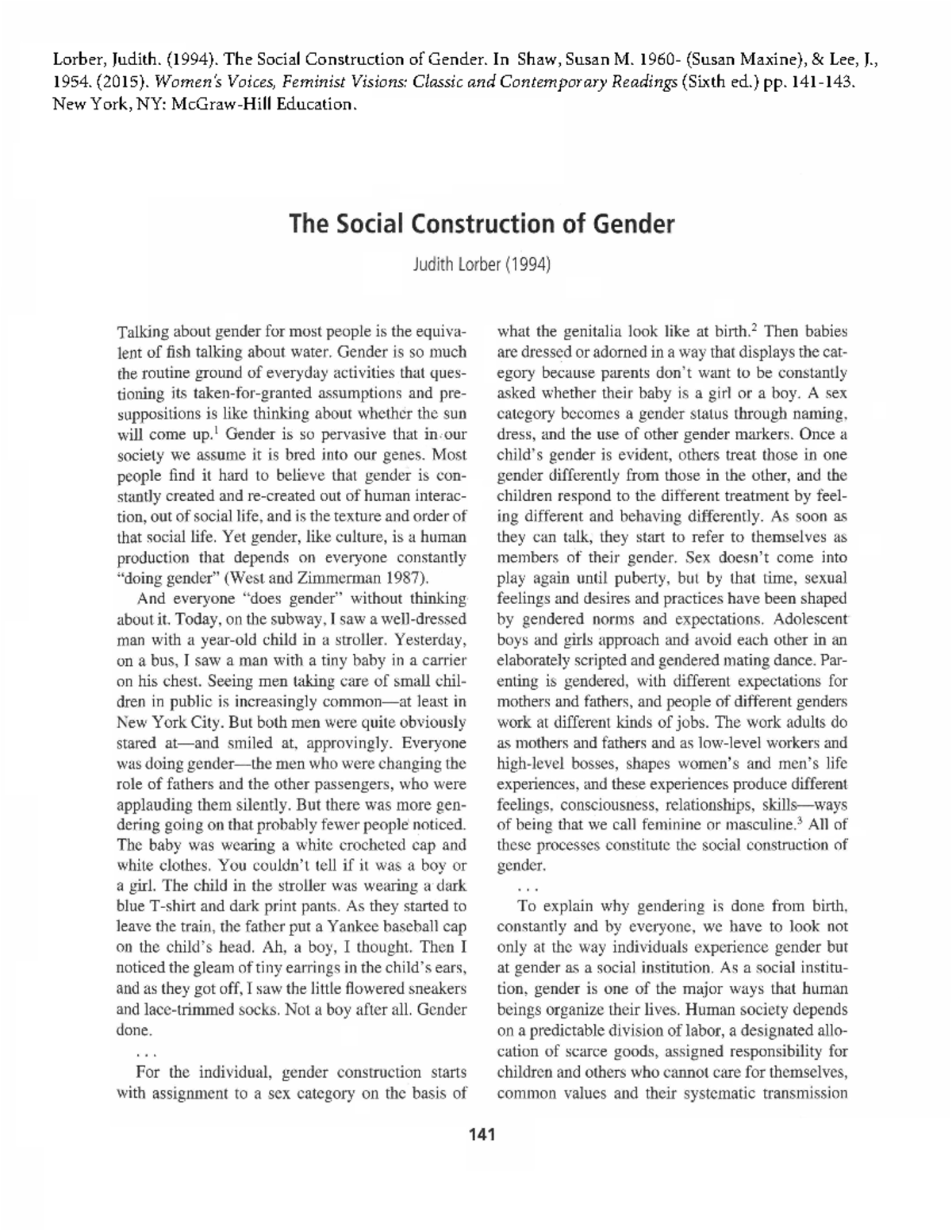 The Social Construction of Gender by Lorber - R E A D N G 21 The Social ...
