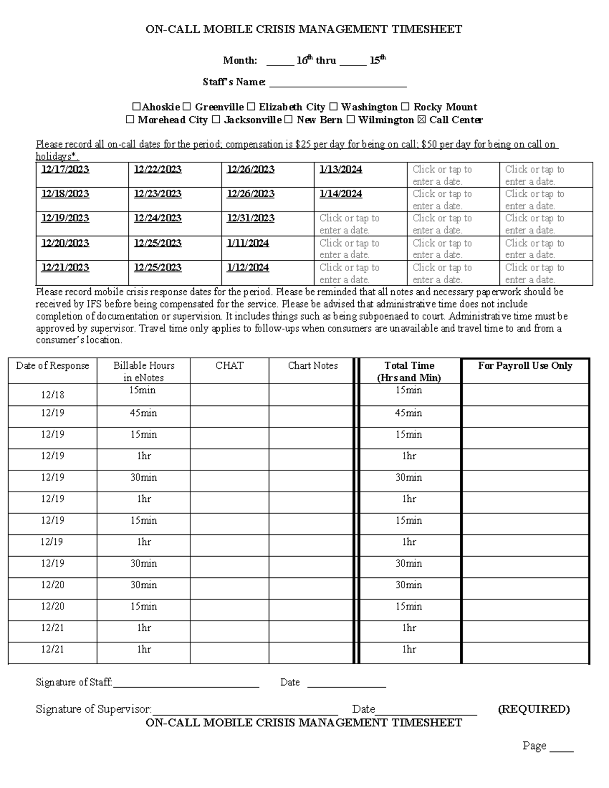 Dec-Jan Timesheet - easy - ON-CALL MOBILE CRISIS MANAGEMENT TIMESHEET ...