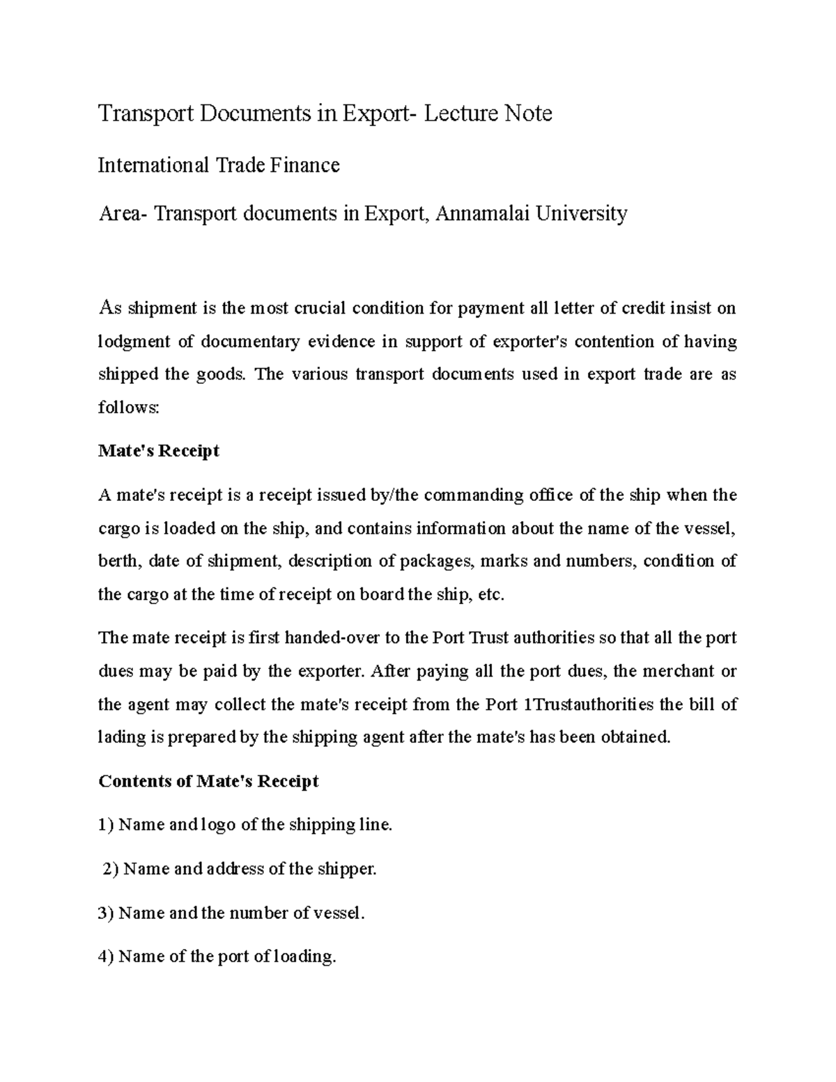 Transport Documents in Export - The various transport documents used in ...