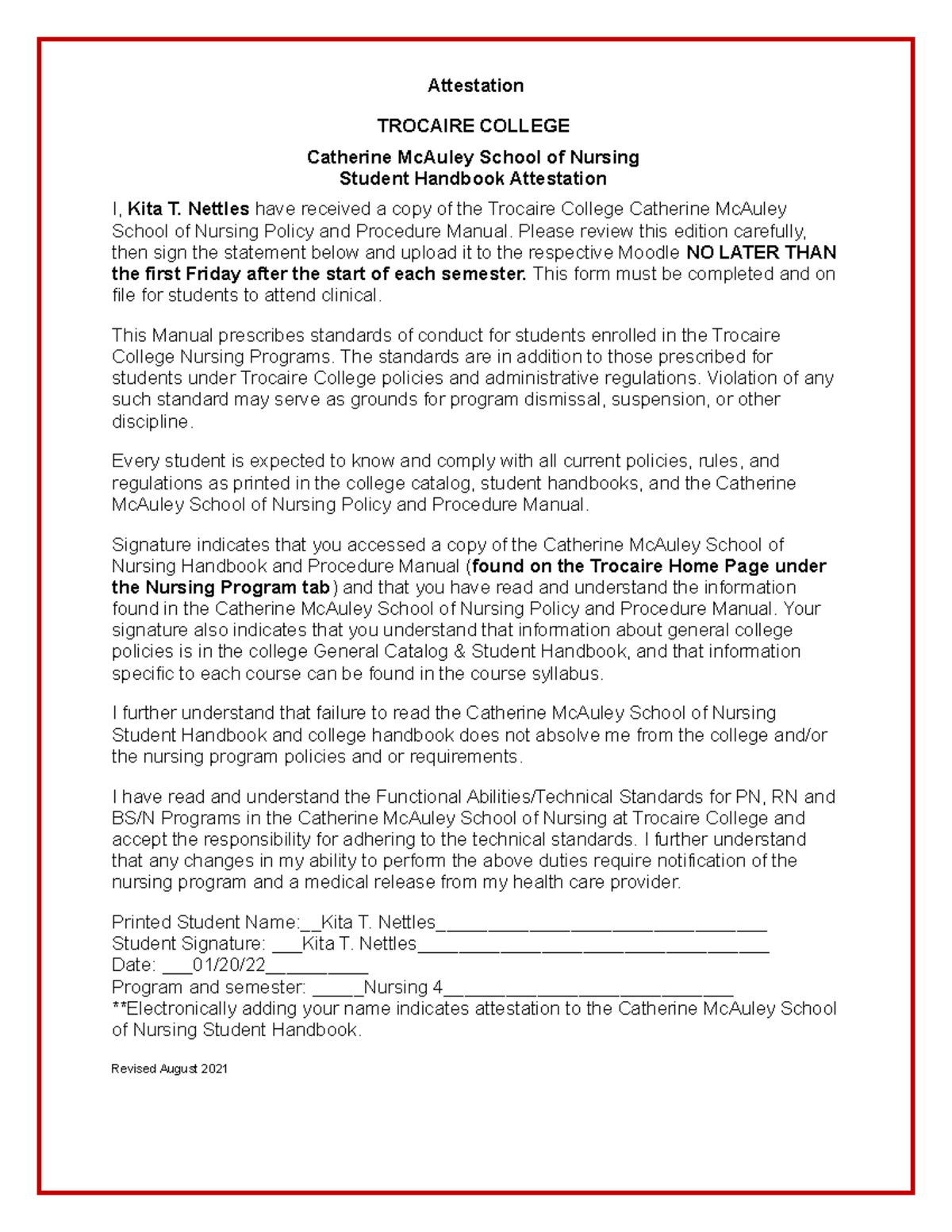 Nursing Student Handbook Attestation - Attestation TROCAIRE COLLEGE ...