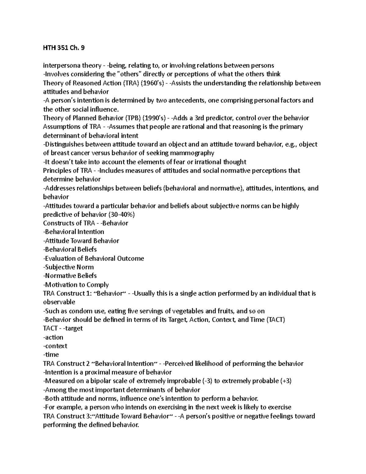 HTH 351 Ch8 - Lecture notes ch. 8 - HTH 351 Ch. 9 interpersona theory ...