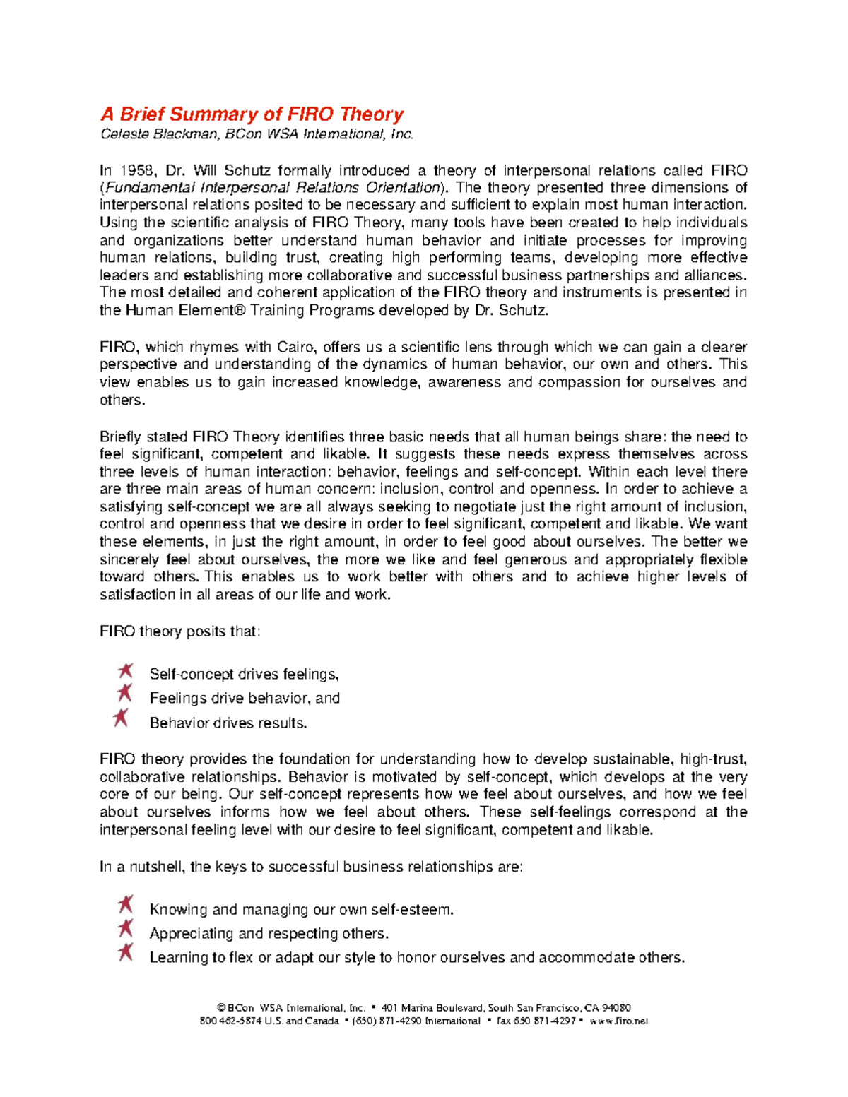 FIRO-a brief summary of firo theory - © BCon WSA International, Inc. ï ...