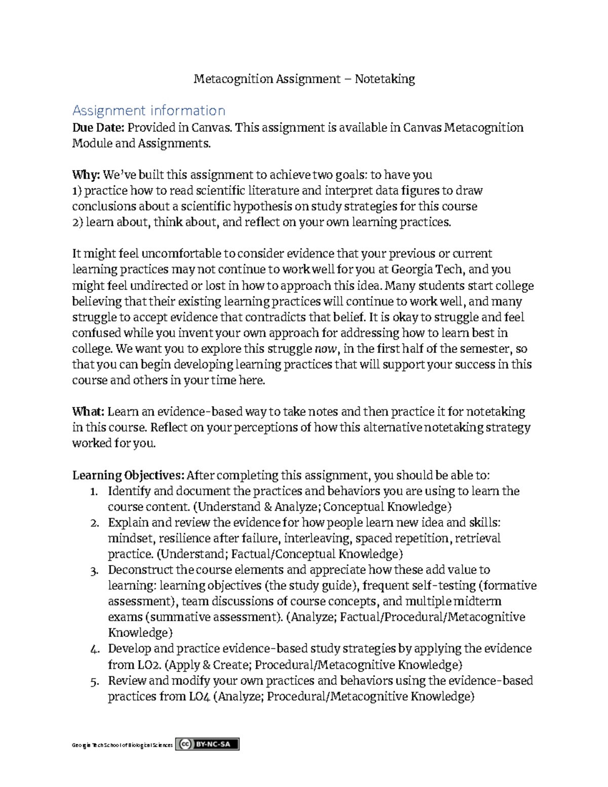 03 Notetaking - Metacognition Assignment – Notetaking Assignment information Due Date: Provided ...