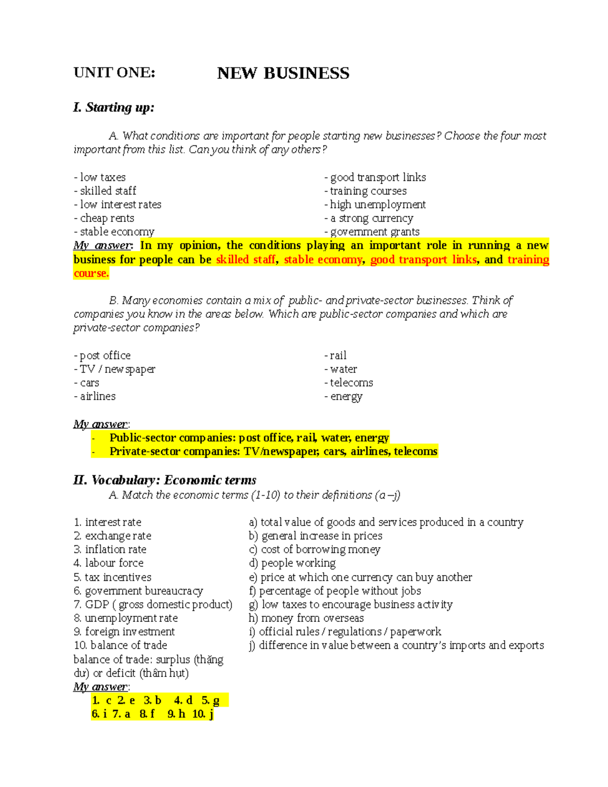 UNIT ONE - Good luck - UNIT ONE: NEW BUSINESS I. Starting up: A. What ...