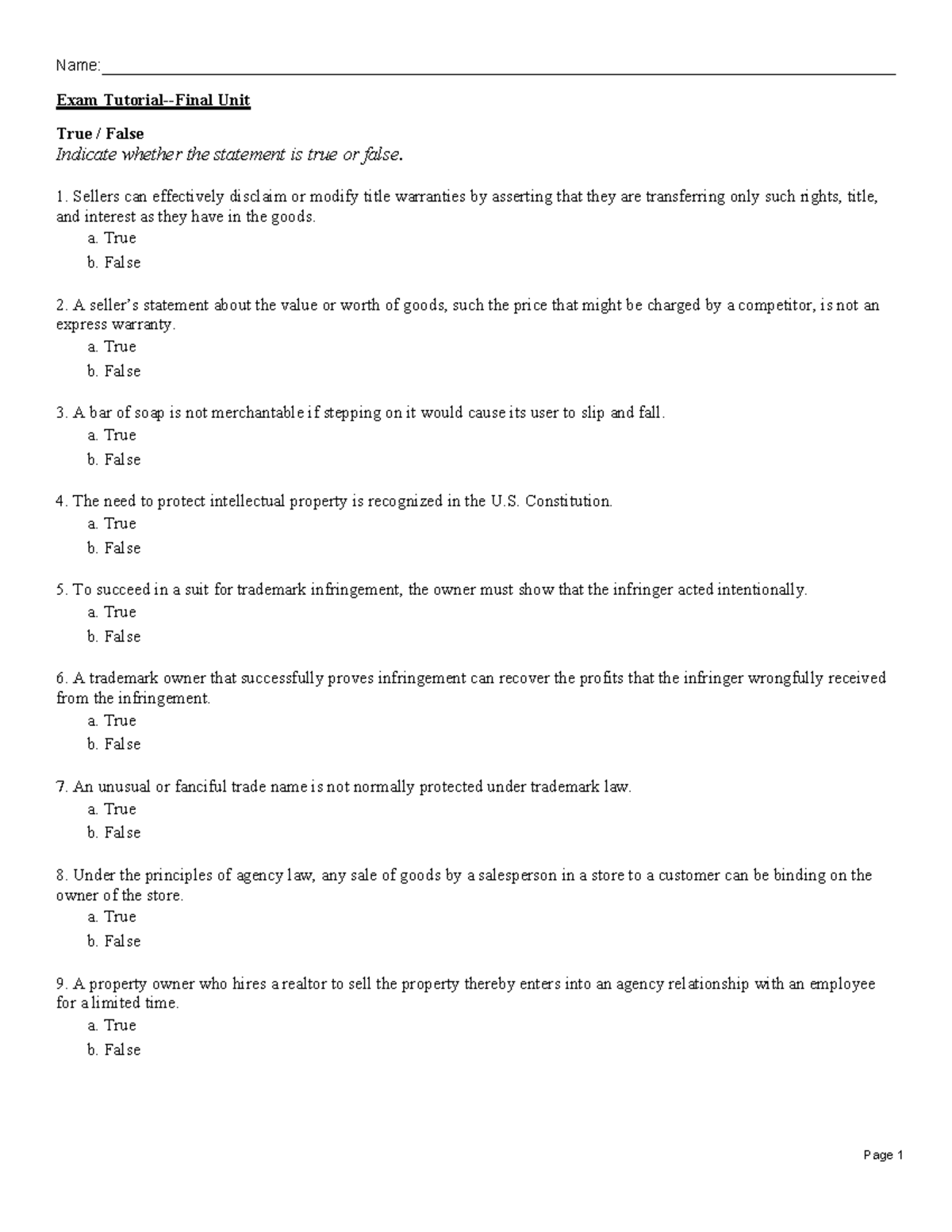 Exam Tutorial Final Unit - Exam Tutorial-Final Unit True / False ...