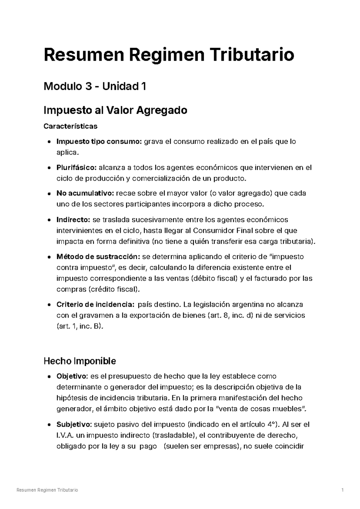 Resumen Modulo 1 Regimen Tributario - Resumen Regimen Tributario Modulo 3 - Unidad 1 Impuesto al ...