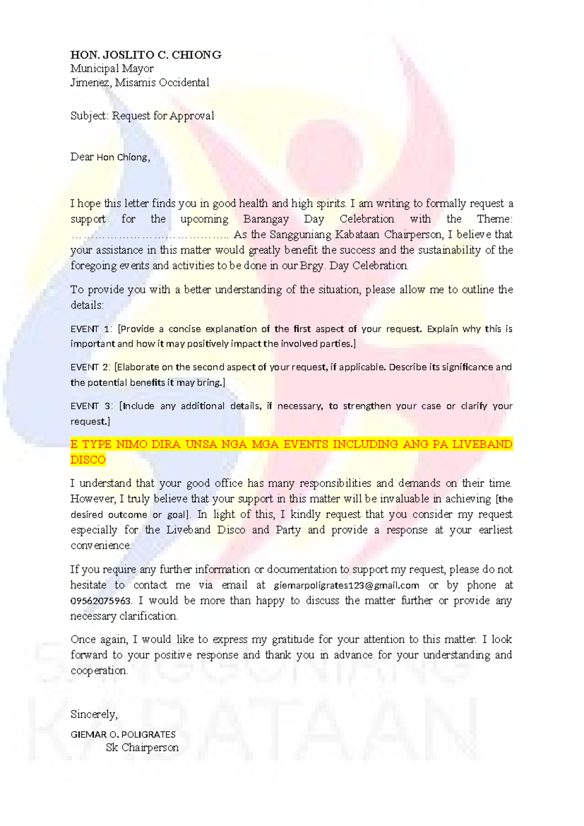 Request letter - HON. JOSLITO C. CHIONG Municipal Mayor Jimenez ...