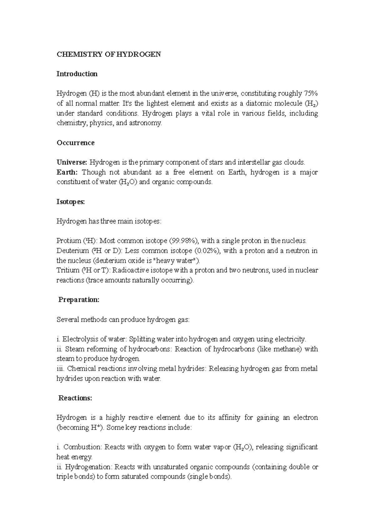 Chemistry of Hydrogen - CHEMISTRY OF HYDROGEN Introduction Hydrogen (H ...