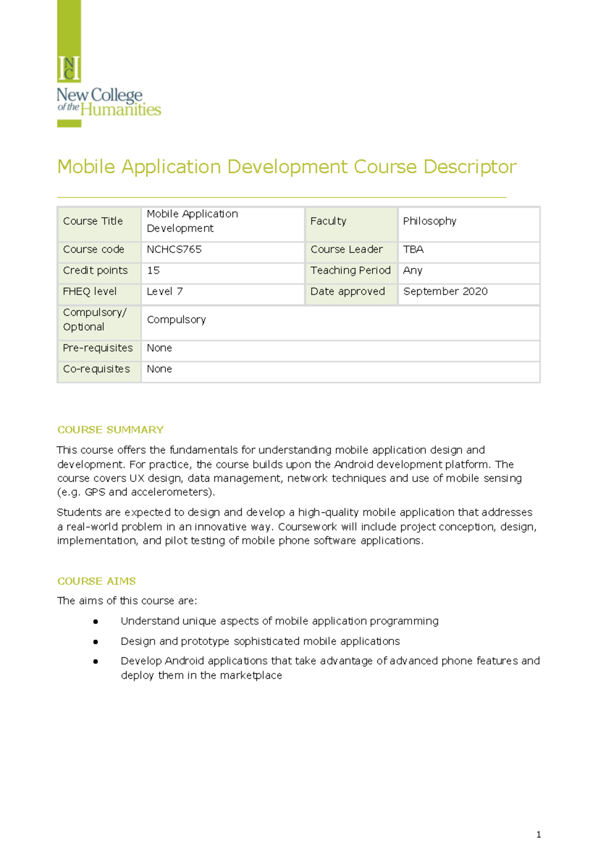 2 - abc - Mobile Application Development Course Descriptor - Studocu