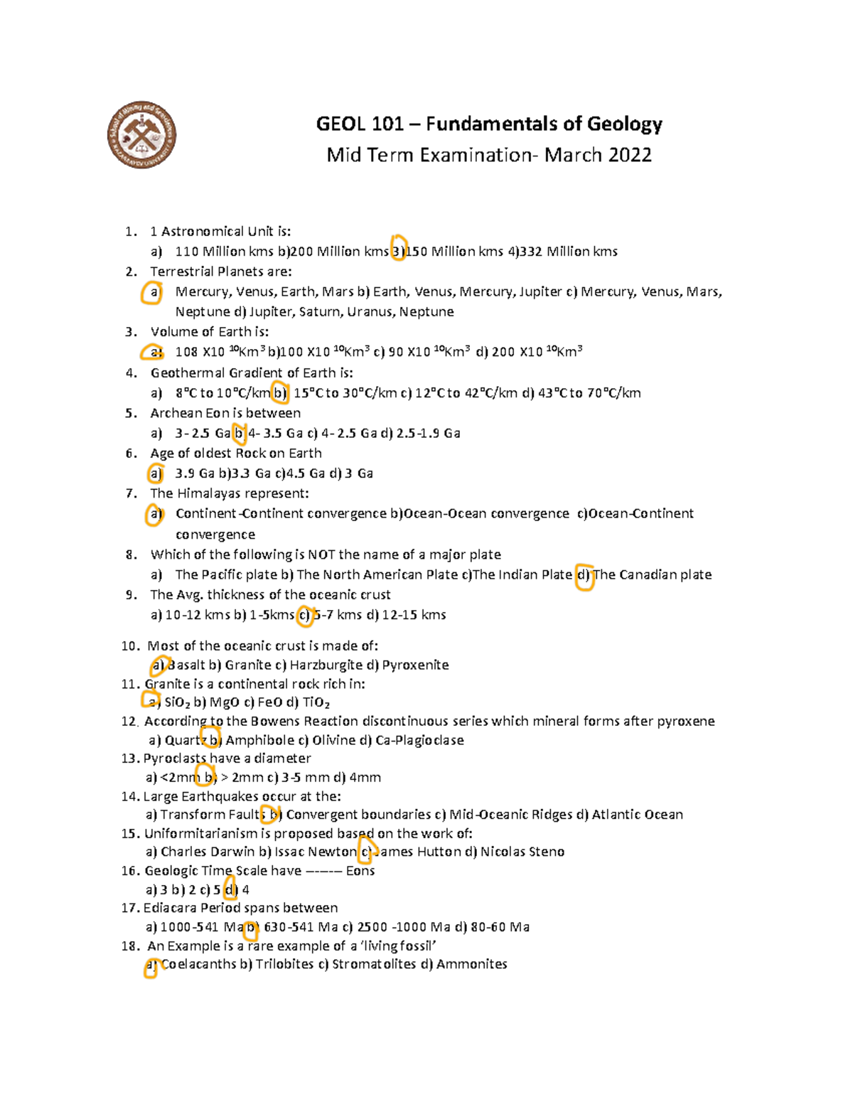 Geol101 midterm 1 answers - GEOL 101 – Fundamentals of Geology Mid Term ...