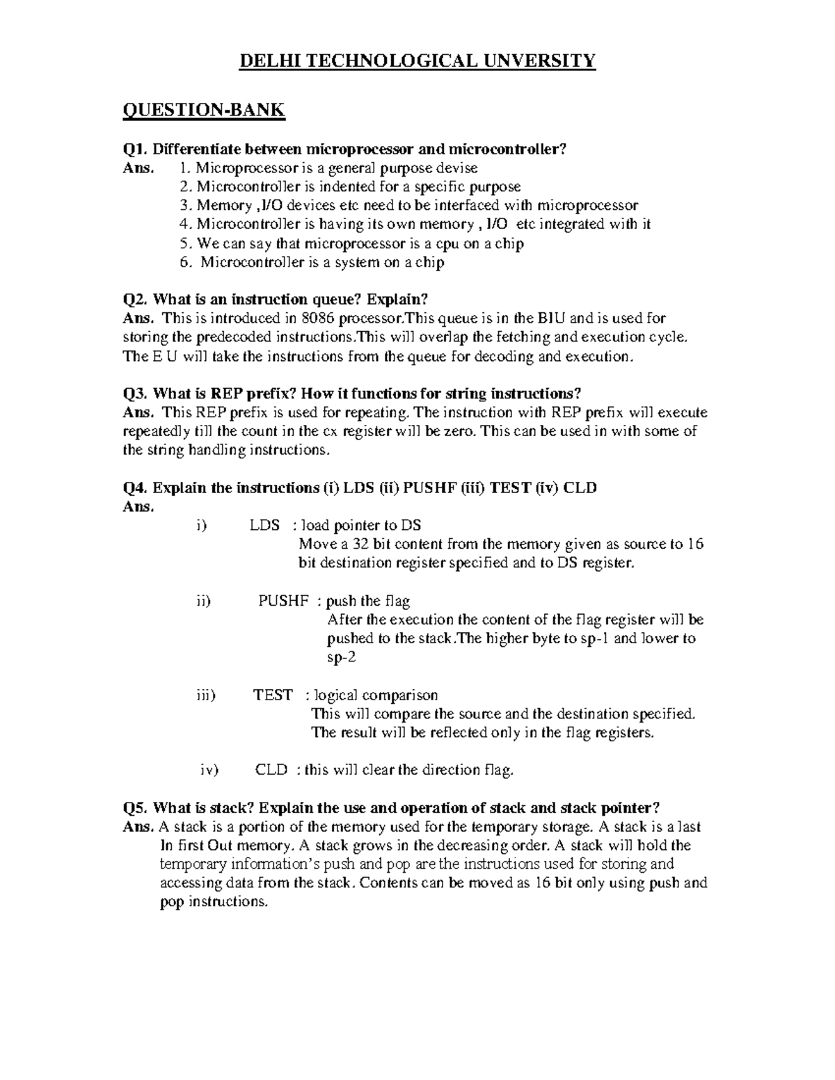 Question Bank 8086micro-1 - QUESTION-BANK Q1. Differentiate between microprocessor and - Studocu