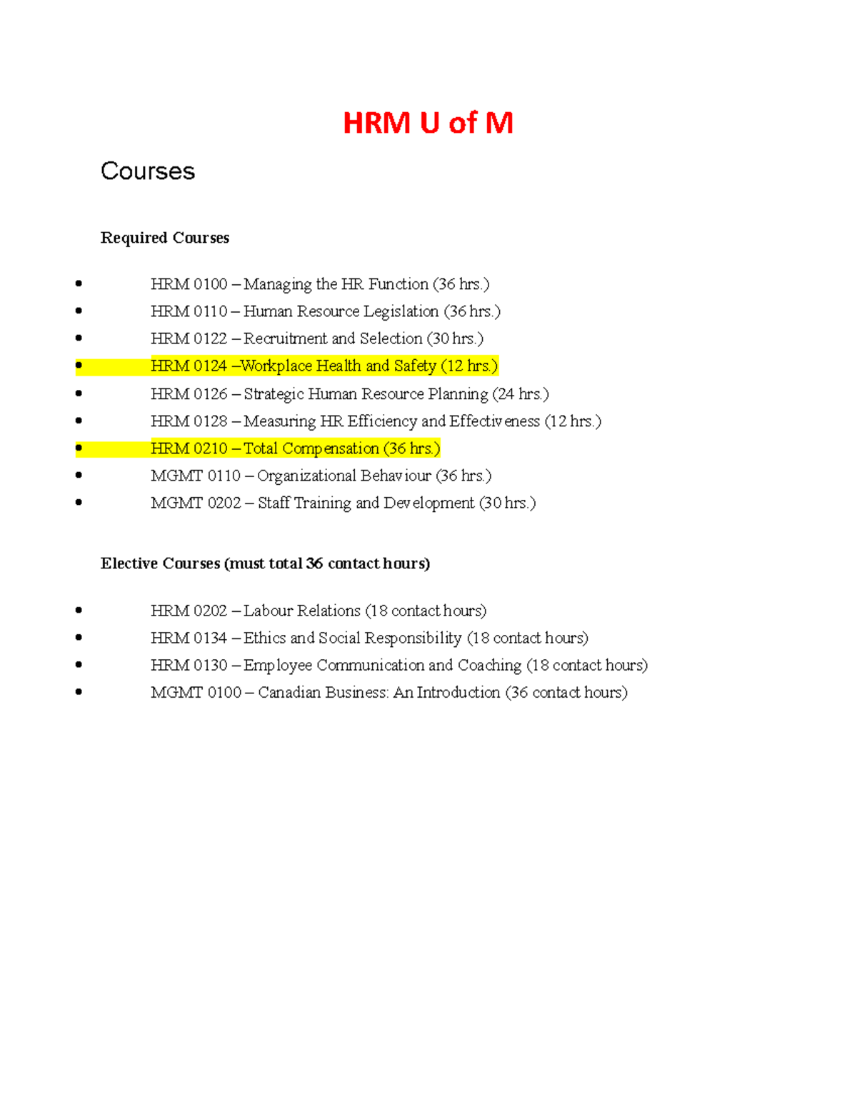 HRM Courses - HRM U of M Courses Required Courses HRM 0100 – Managing ...
