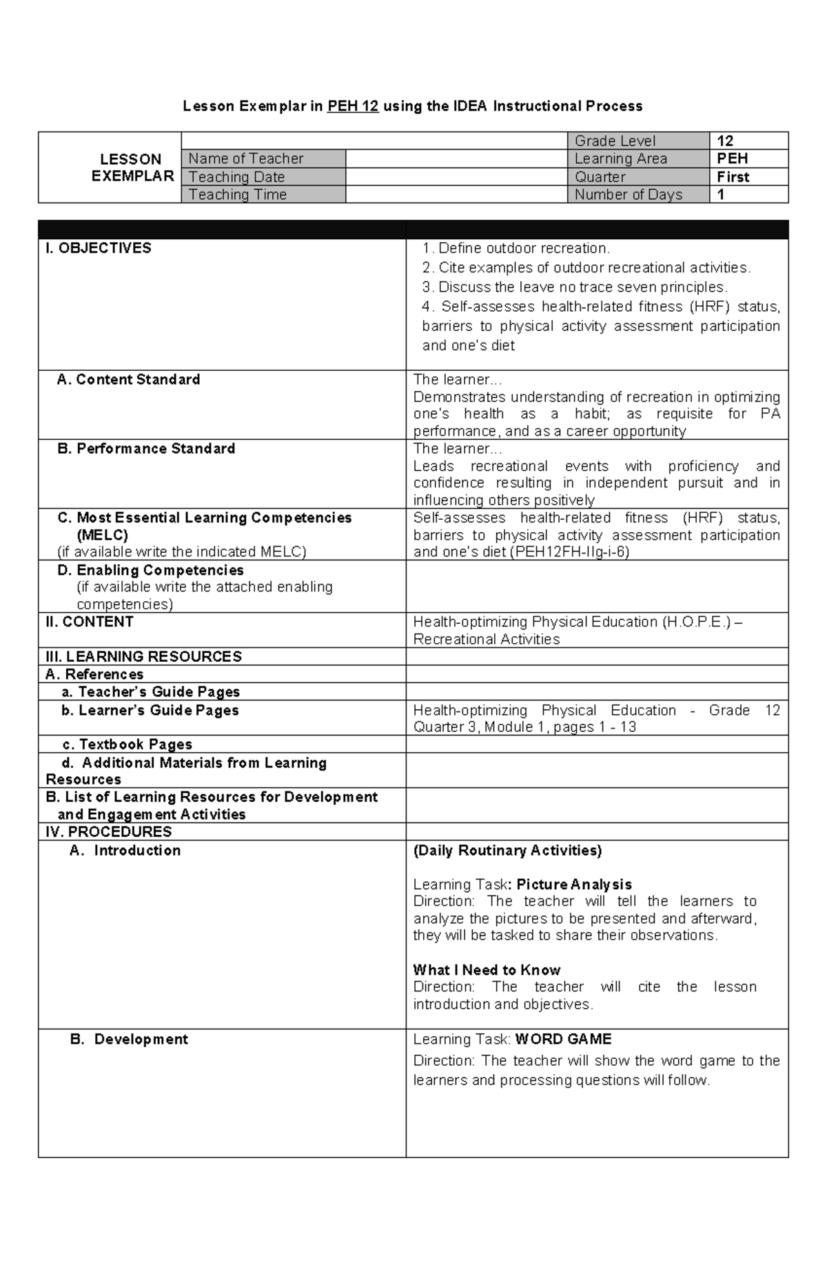 SHS PEH - SHS MATERIALS - Lesson Exemplar in PEH 12 using the IDEA ...