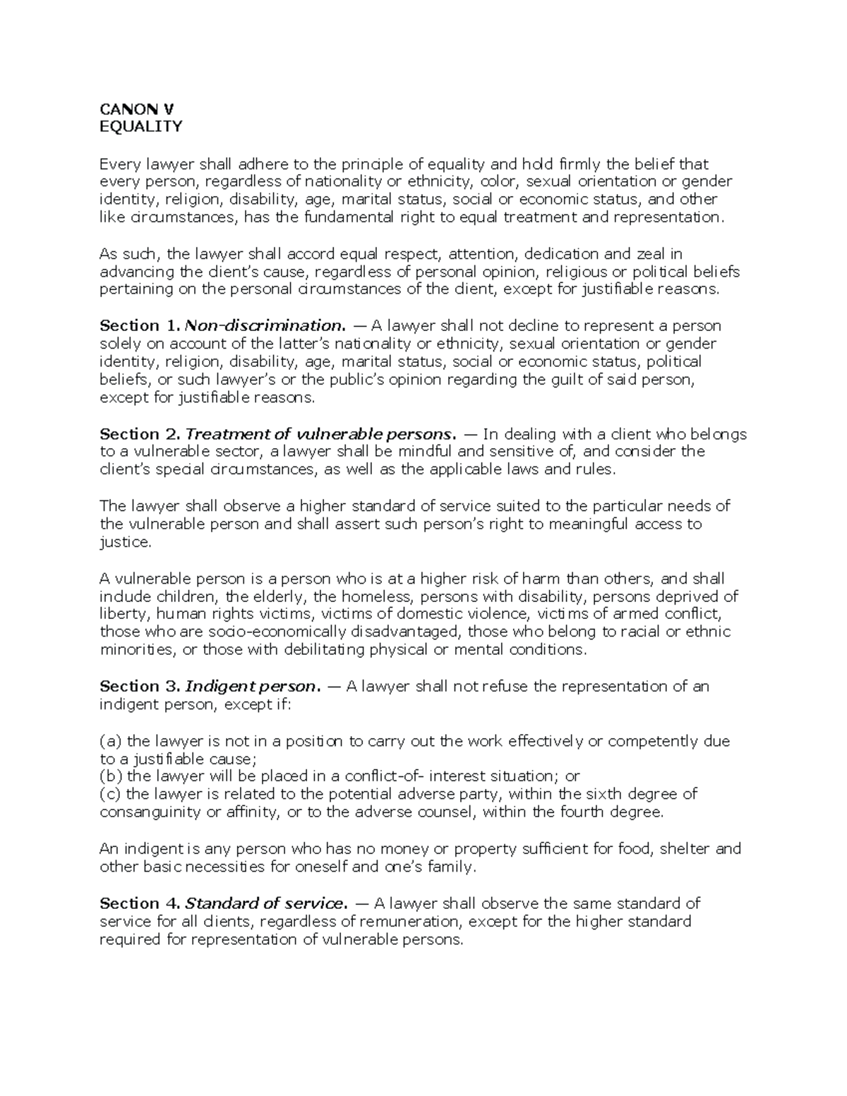 Ethics-Canon V and VI - hasdhauduwhad - CANON V EQUALITY Every lawyer ...